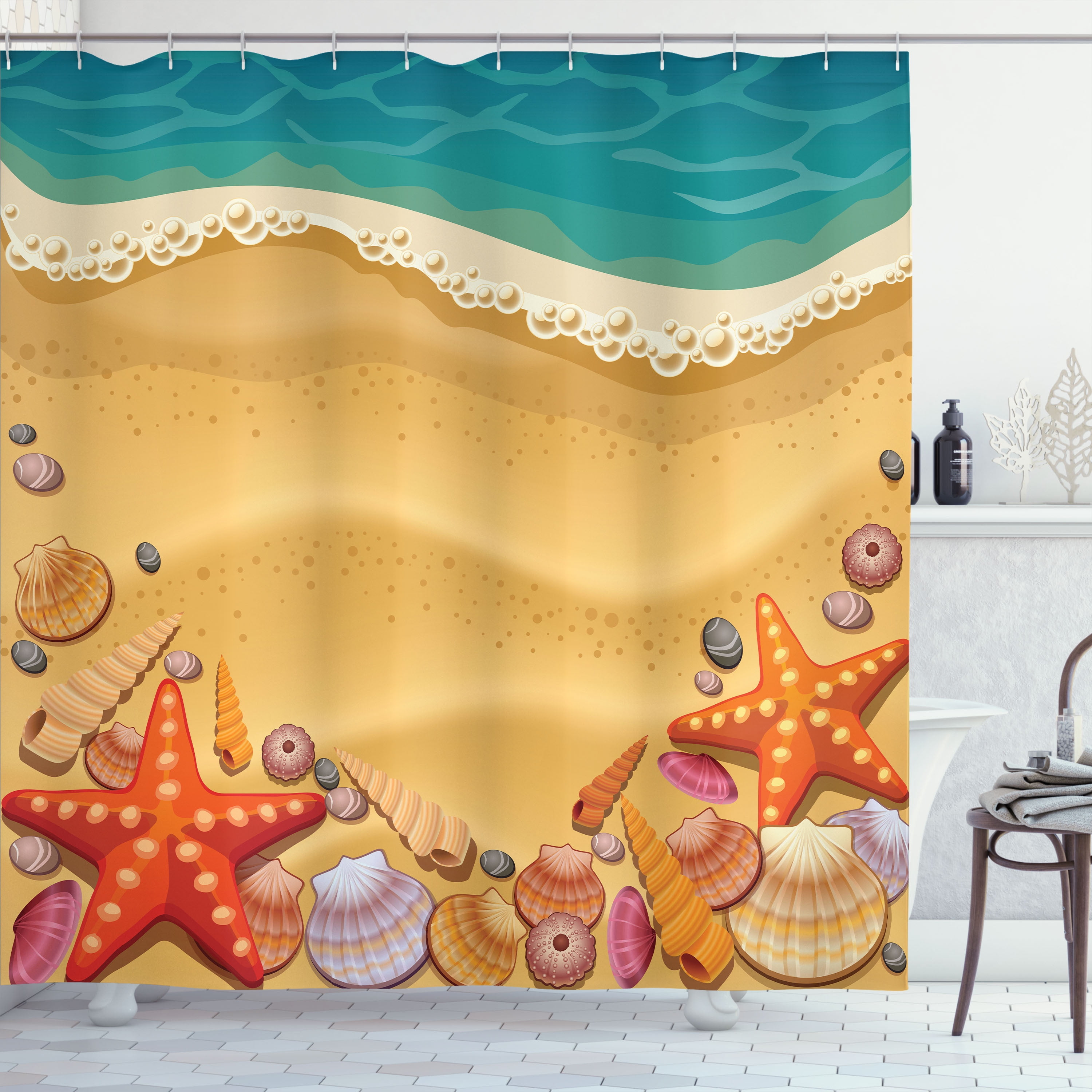 Seashells Shower Curtain, Seashells on the Beach Style Coastal Fun ...