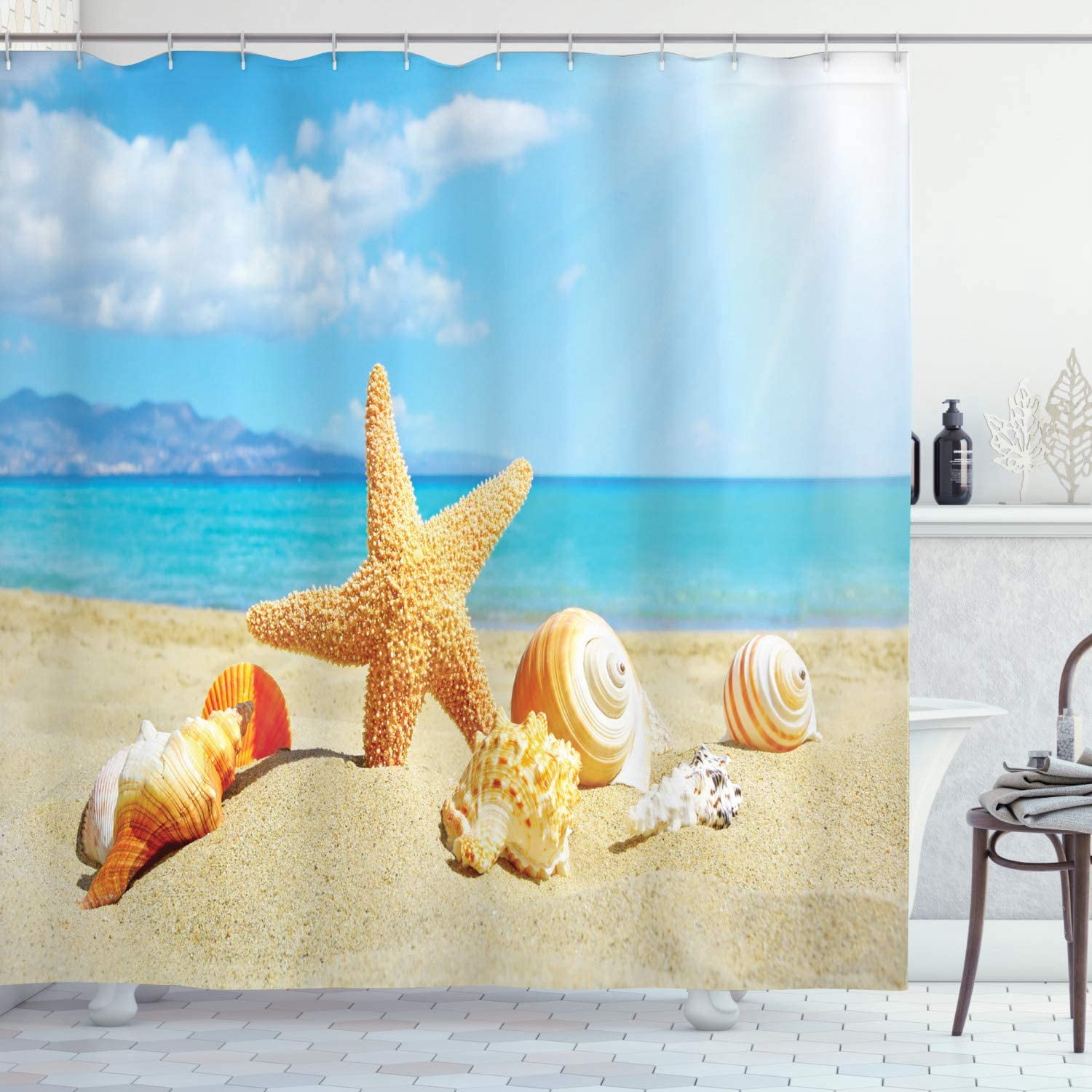 Seashells Shower Curtain, Summer Beach Theme and Sand with Rays in The ...