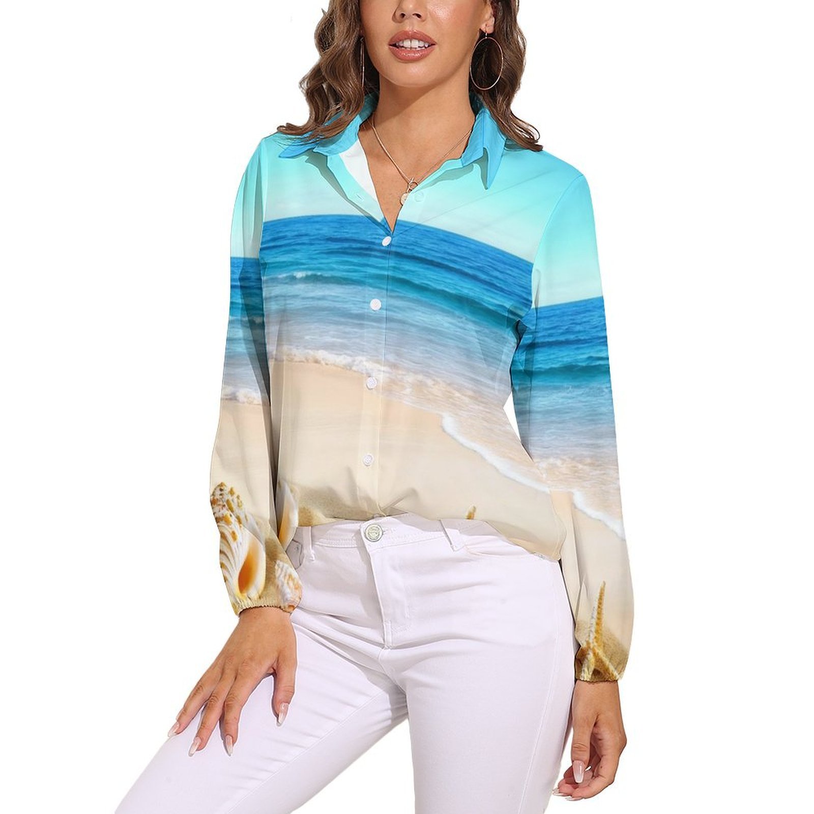 Seashells, Starfish, And Sandy Beach-1 Vntage Casual Long Sleeve Shirt ...