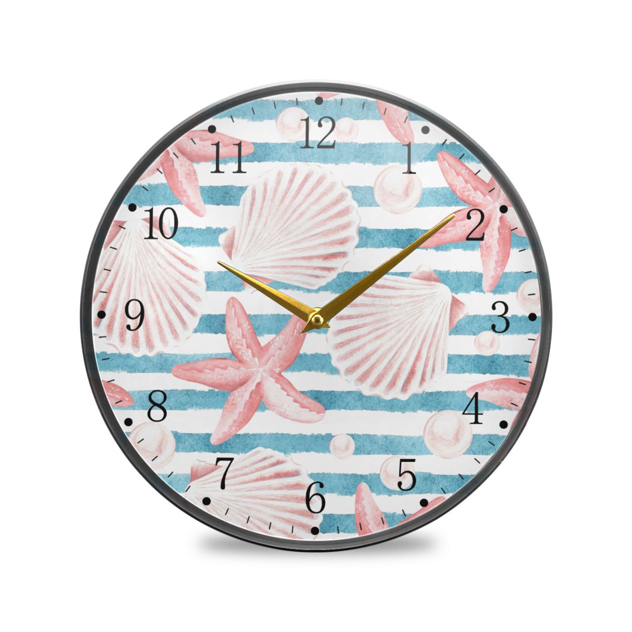 Seashells and Starfish on Stripes Acrylic Wall Clocks Quiet Round Clock ...
