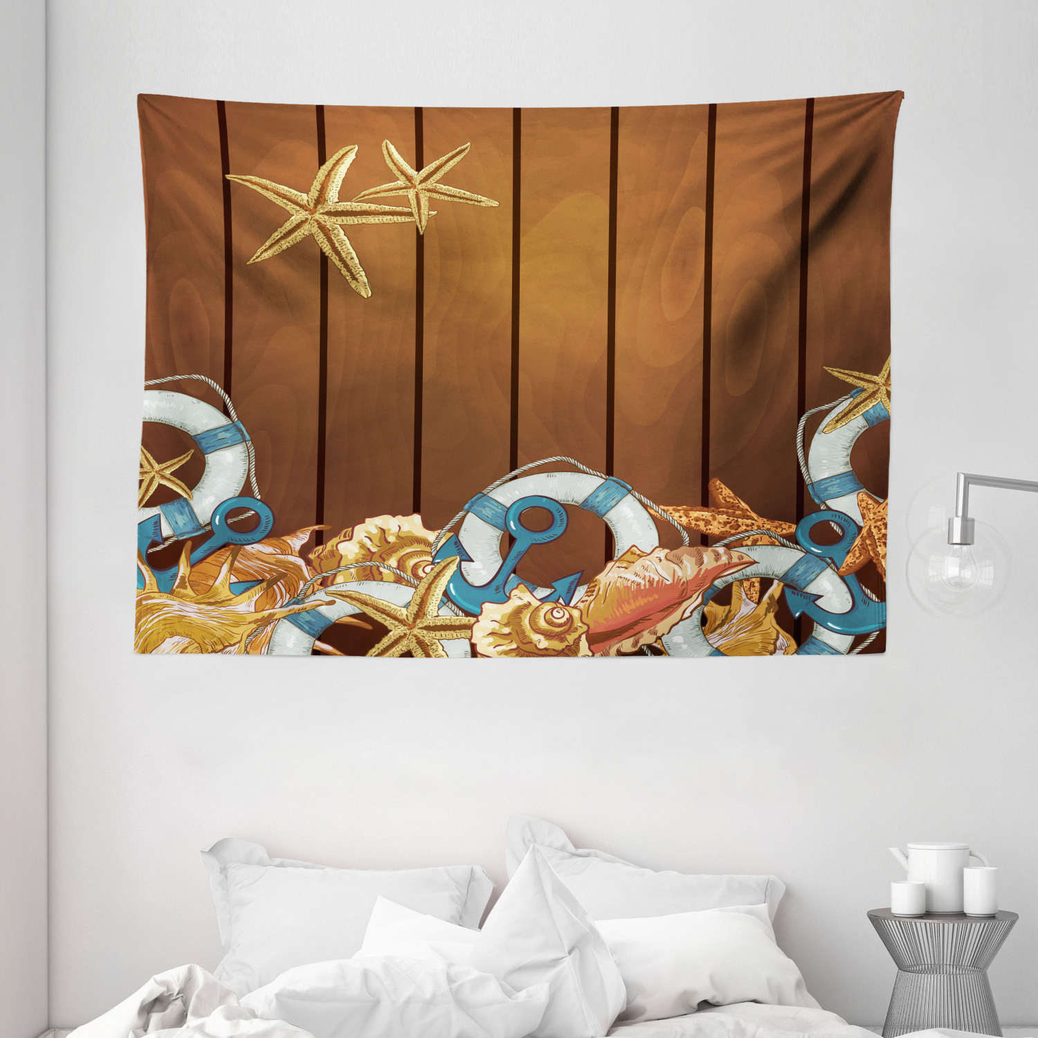 Seashells Tapestry, Seashells Anchors Starfish on Wooden Backdrop ...