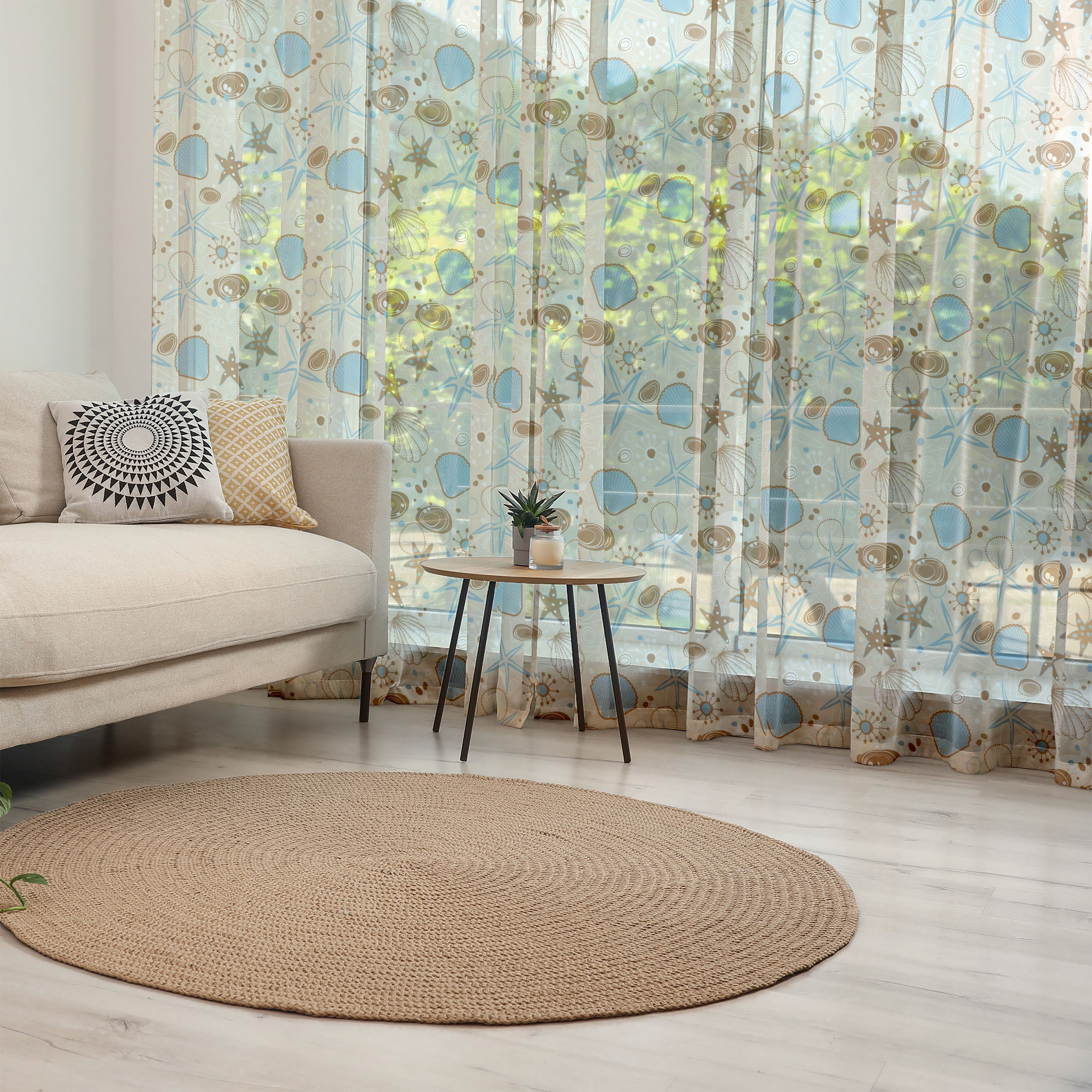 Seashells Tulle Curtains with Rod Pocket, Abstract Starfishes with ...