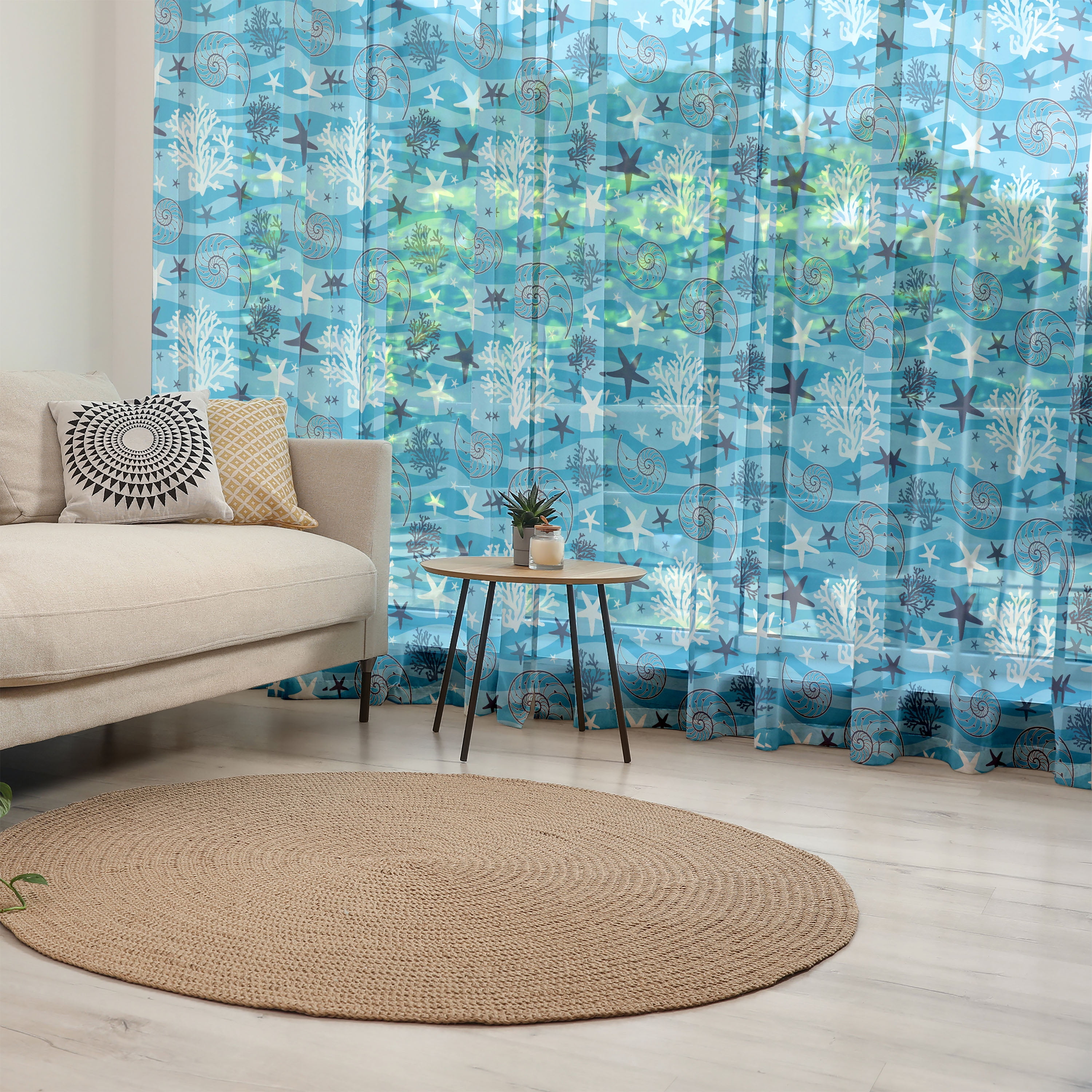 Seashells Tulle Curtains with Rod Pocket, Nautical Underwater Universe ...