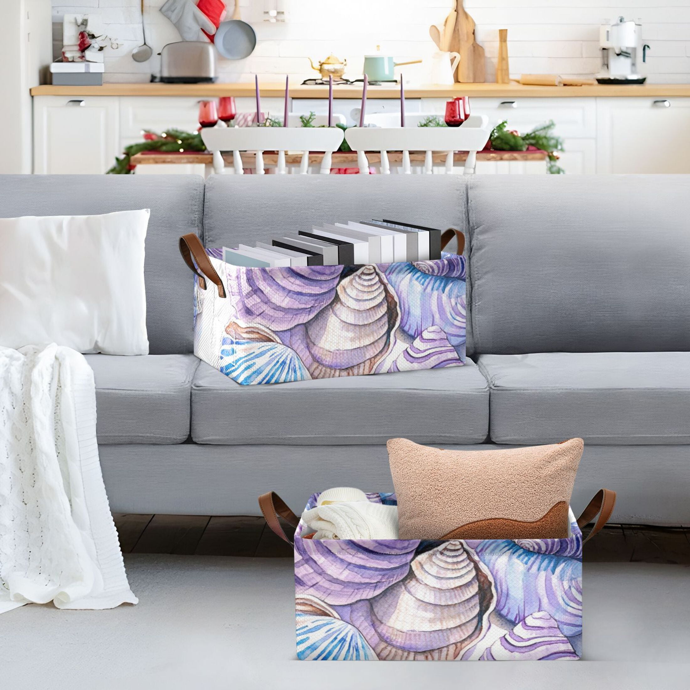 Seashells Zebra Stripes Storage Bins with Handles Foldable Storage ...