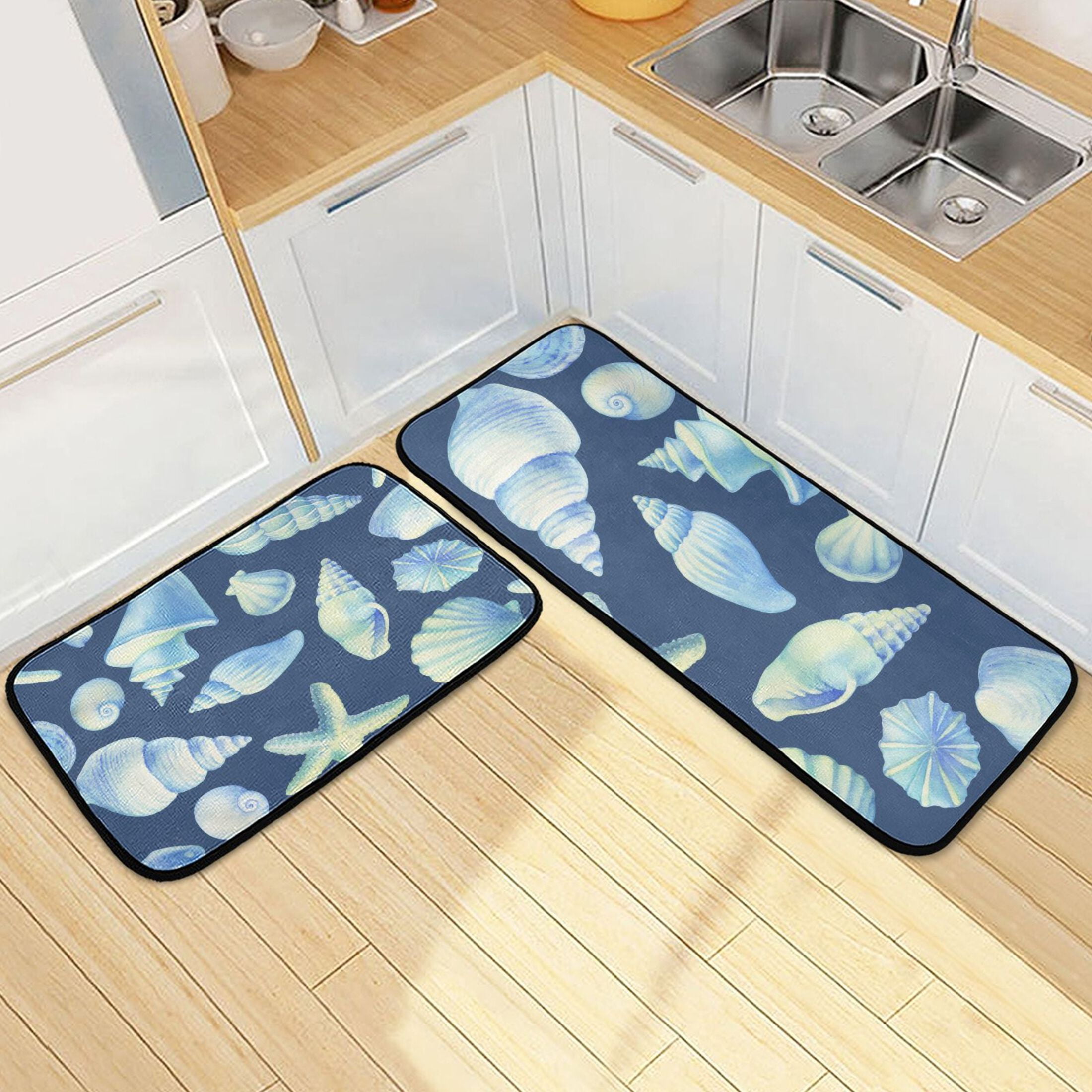 Seashells on Blue Kitchen Mats Set 2 Piece Non Slip Floor Foam Rugs ...