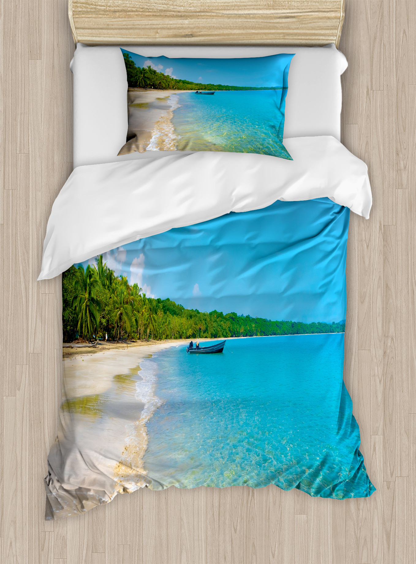 Seashore Duvet Cover Set, Caribbean Palm Trees with Small Boat and Calm ...