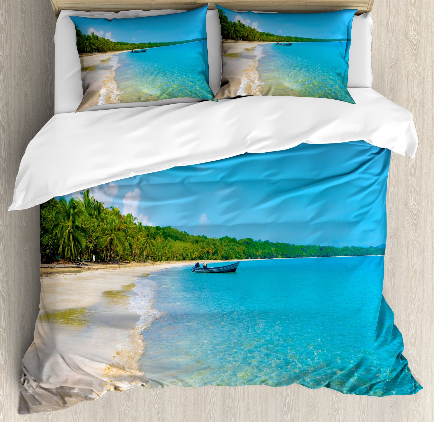 Seashore Duvet Cover Set, Caribbean Palm Trees with Small Boat and Calm ...