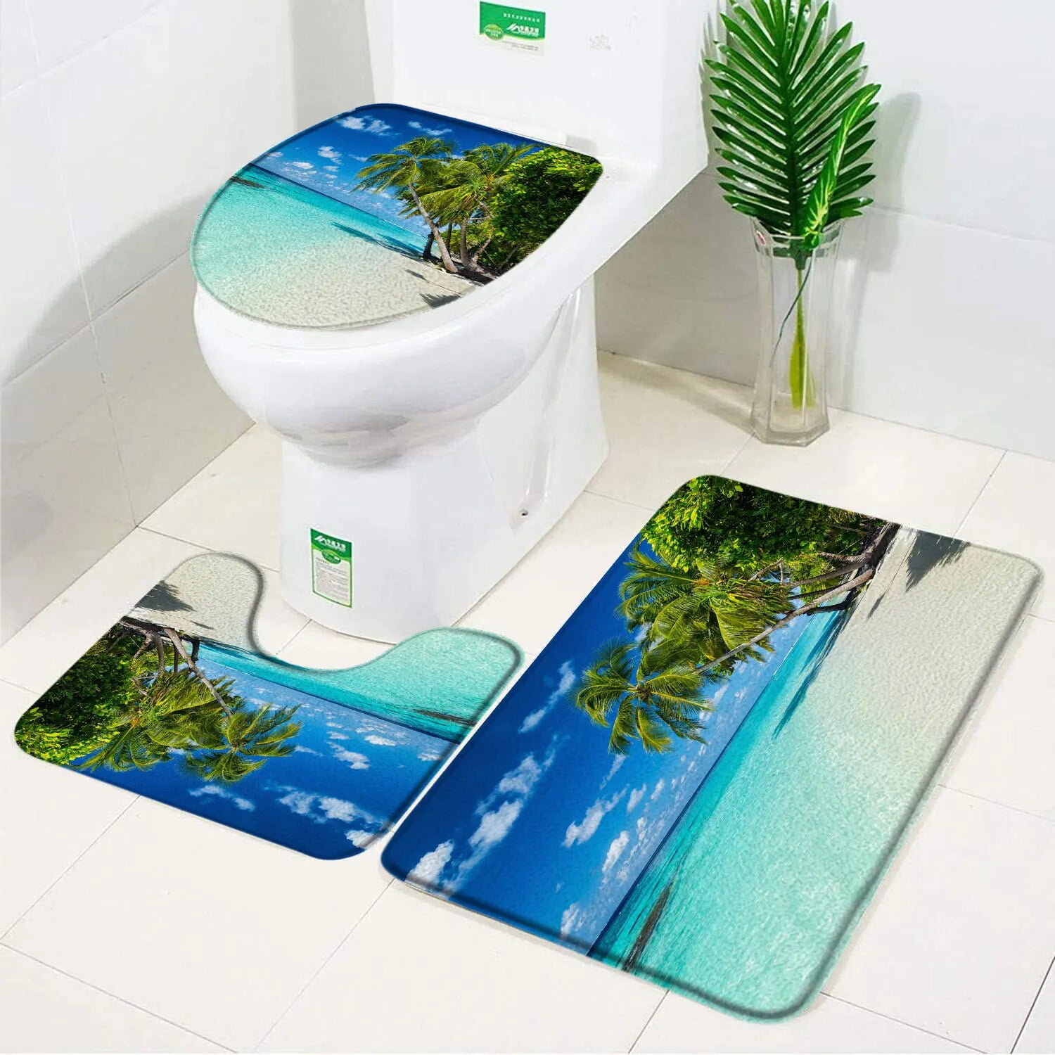 Seaside Beach Bathroom Rug Set Blue Ocean Hawaiian Coconut Tree ...