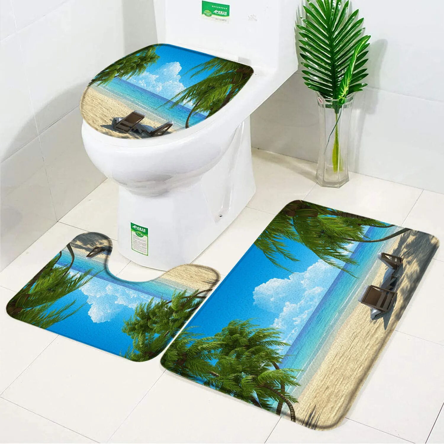 Seaside Beach Bathroom Rug Set Blue Ocean Hawaiian Coconut Tree ...