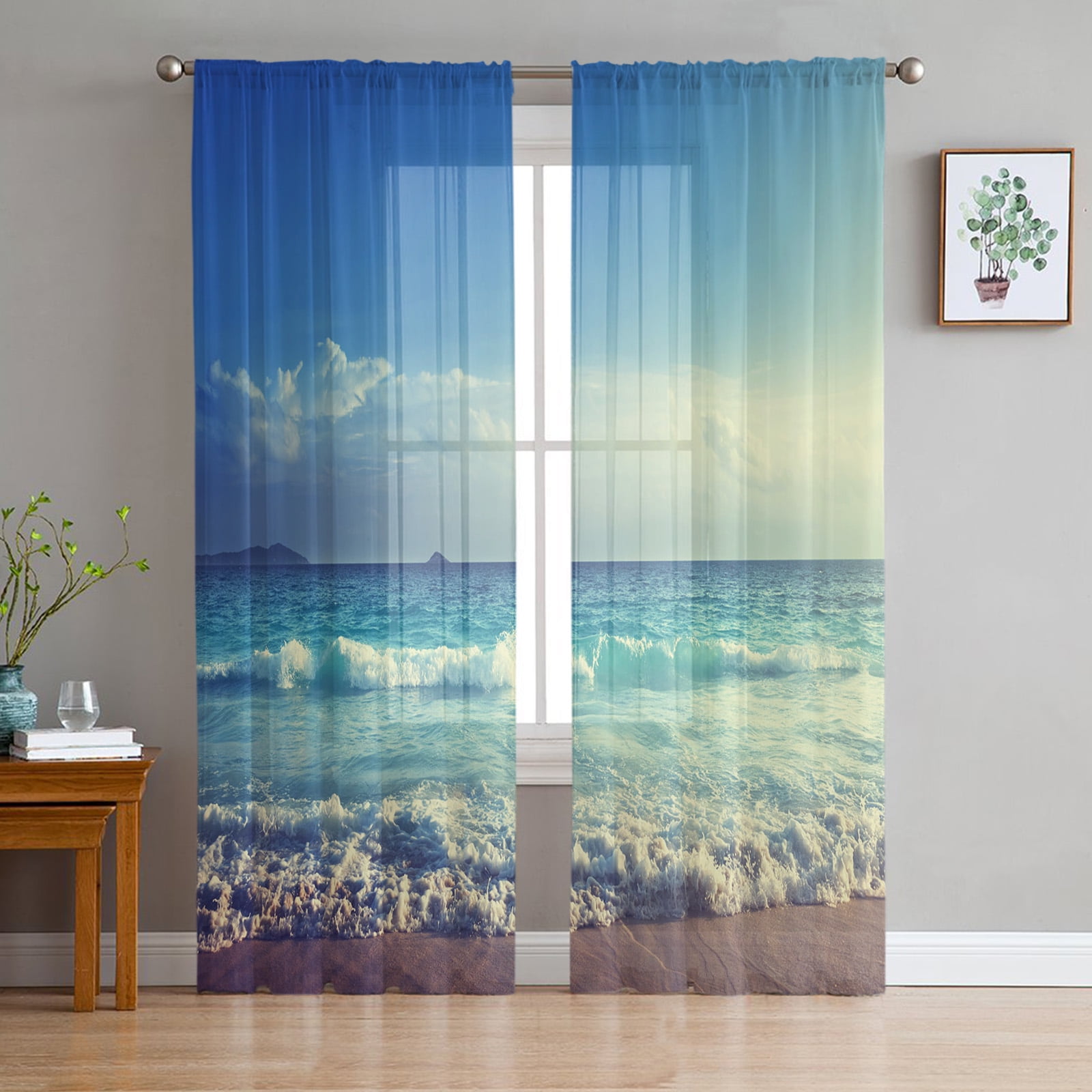 Seaside Beach Coconut Tree Window Sunlight Tulle Curtains for Living ...