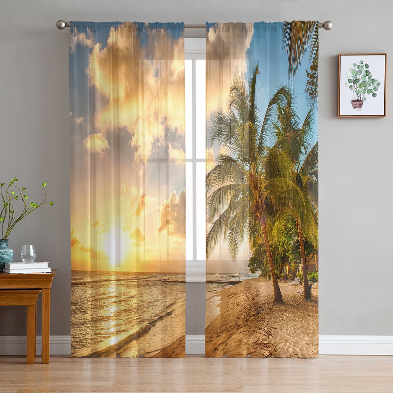 Seaside Beach Coconut Tree Window Sunlight Tulle Curtains for Living ...