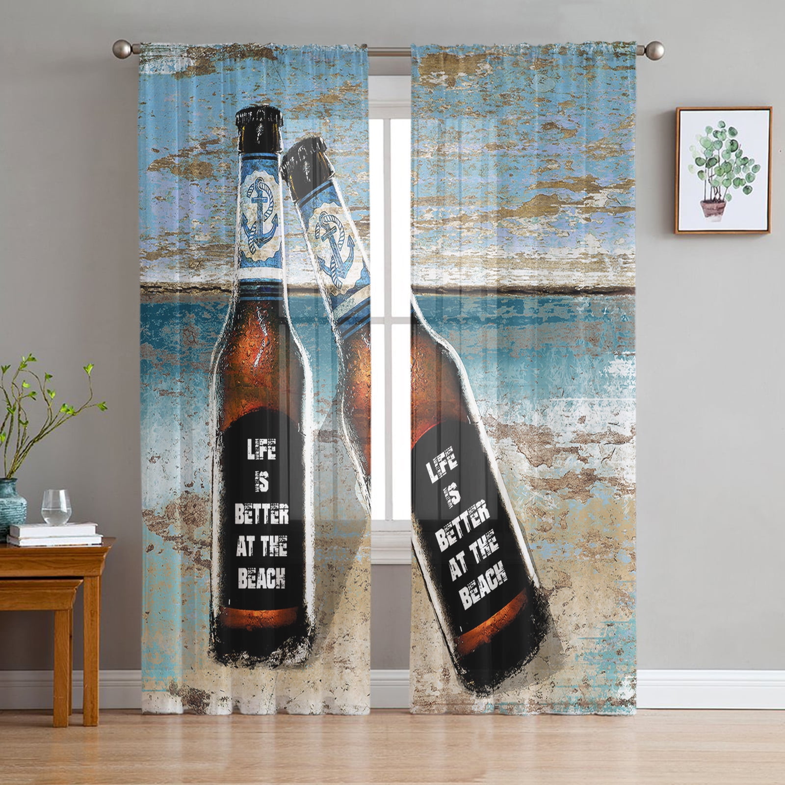 Seaside Beach Coconut Tree Window Sunlight Tulle Curtains for Living ...