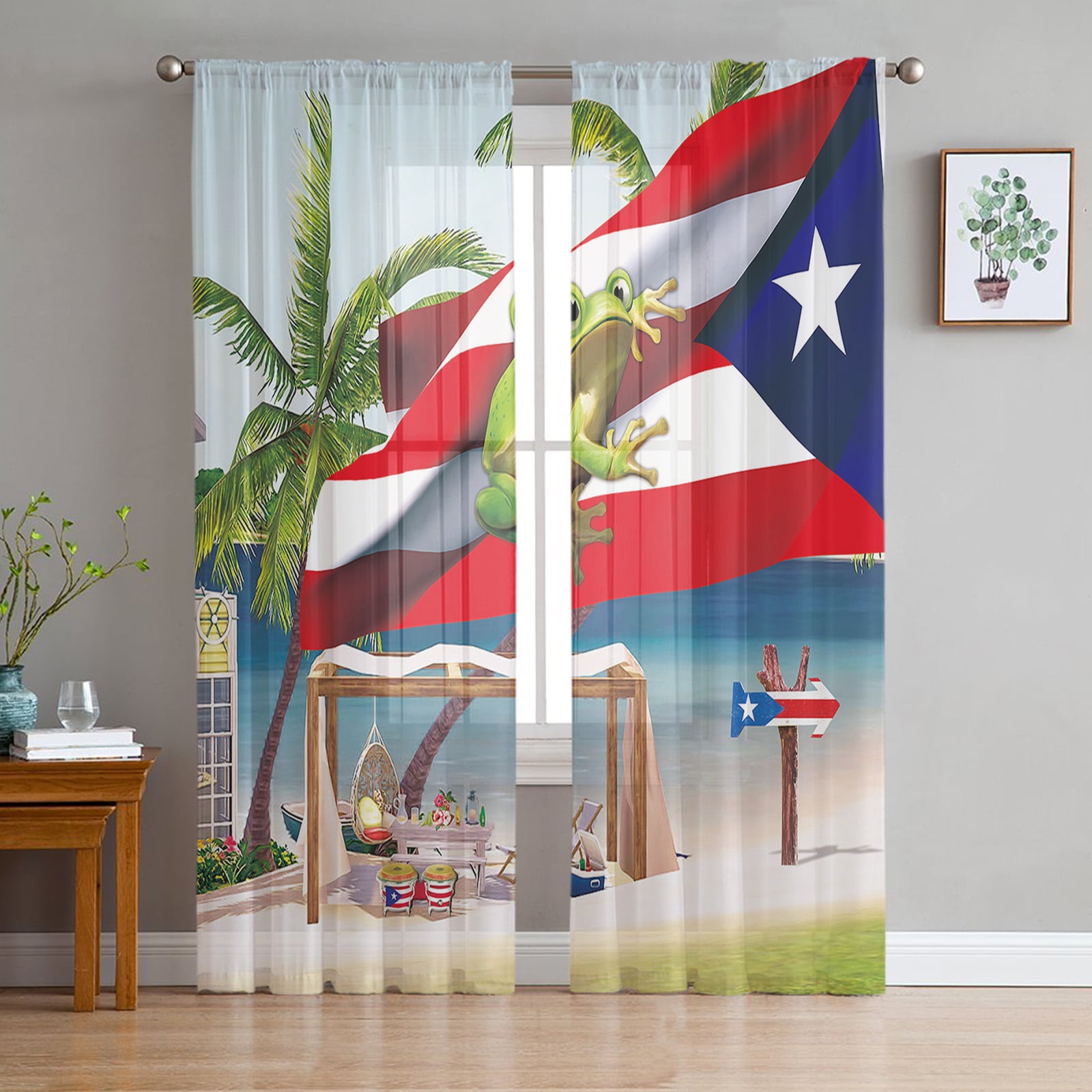 Seaside Beach Coconut Tree Window Sunlight Tulle Curtains for Living ...