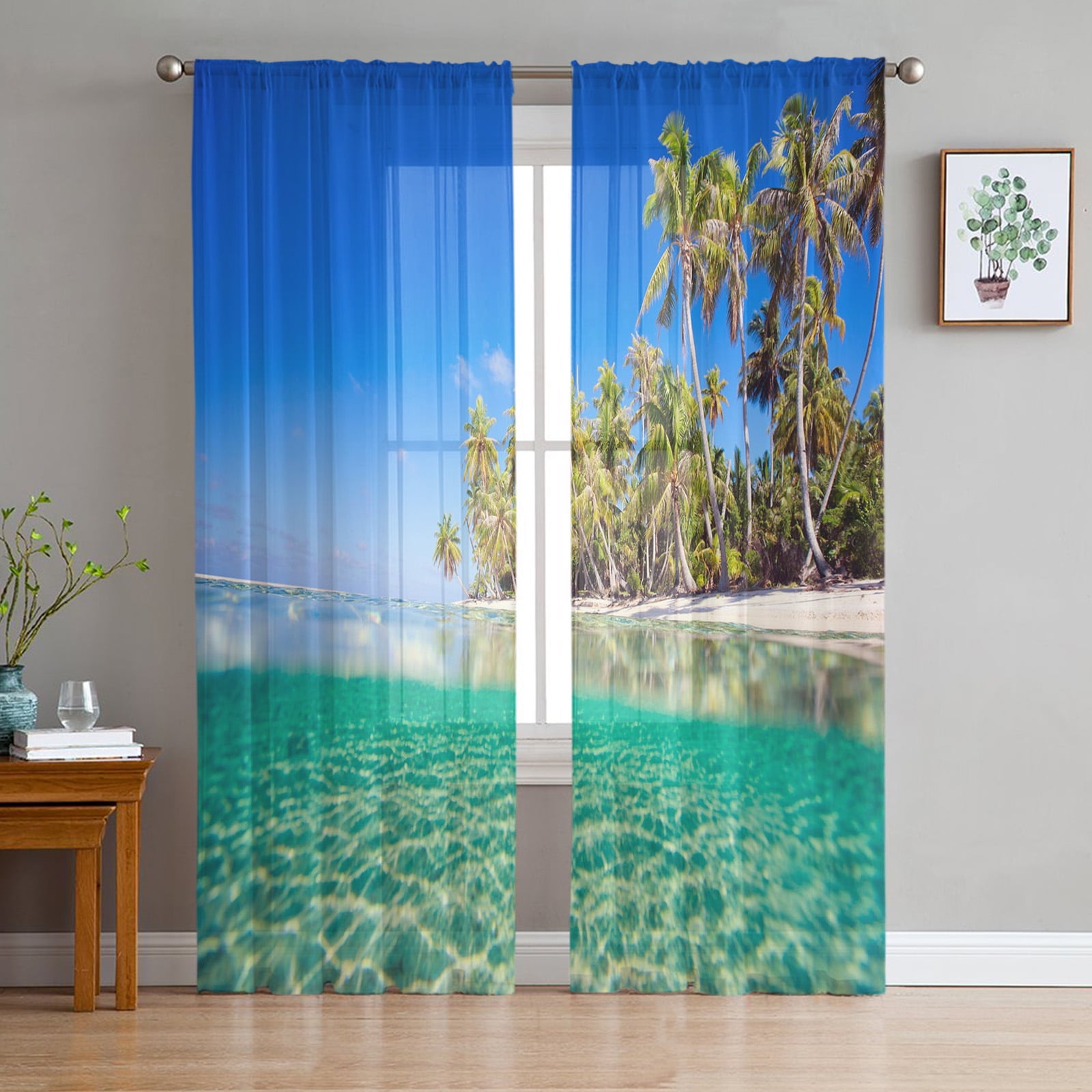 Seaside Beach Coconut Tree Window Sunlight Tulle Curtains for Living ...