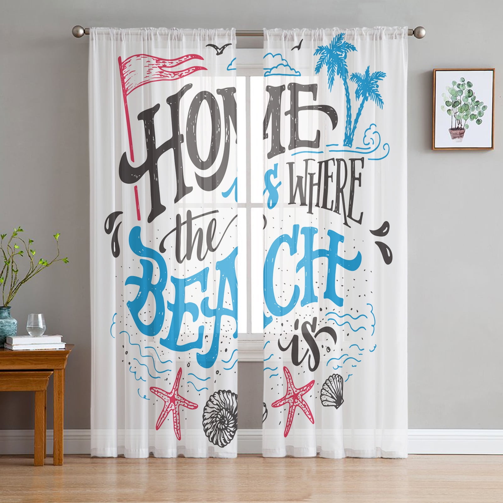 Seaside Beach Coconut Tree Window Sunlight Tulle Curtains for Living ...