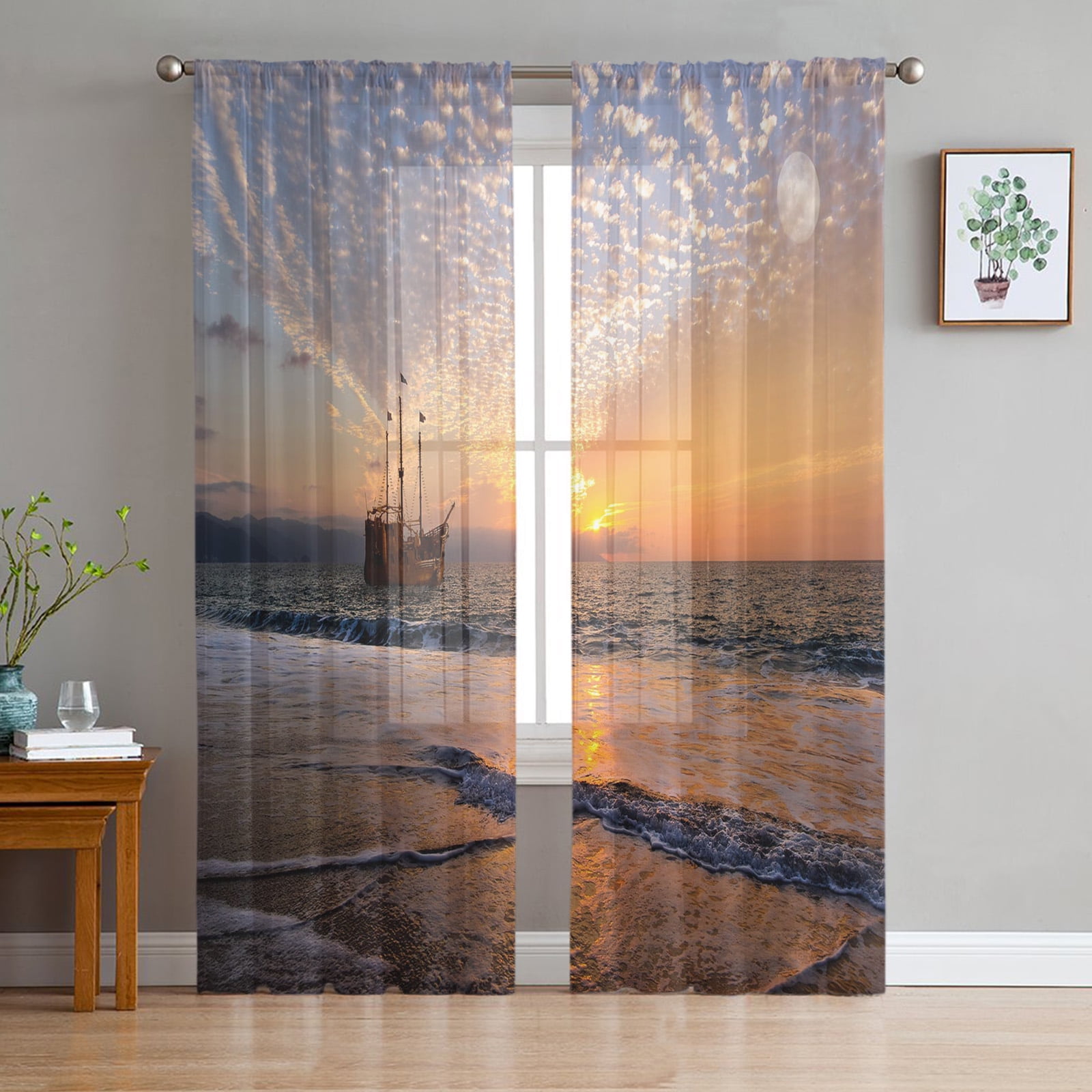 Seaside Beach Coconut Tree Window Sunlight Tulle Curtains for Living ...