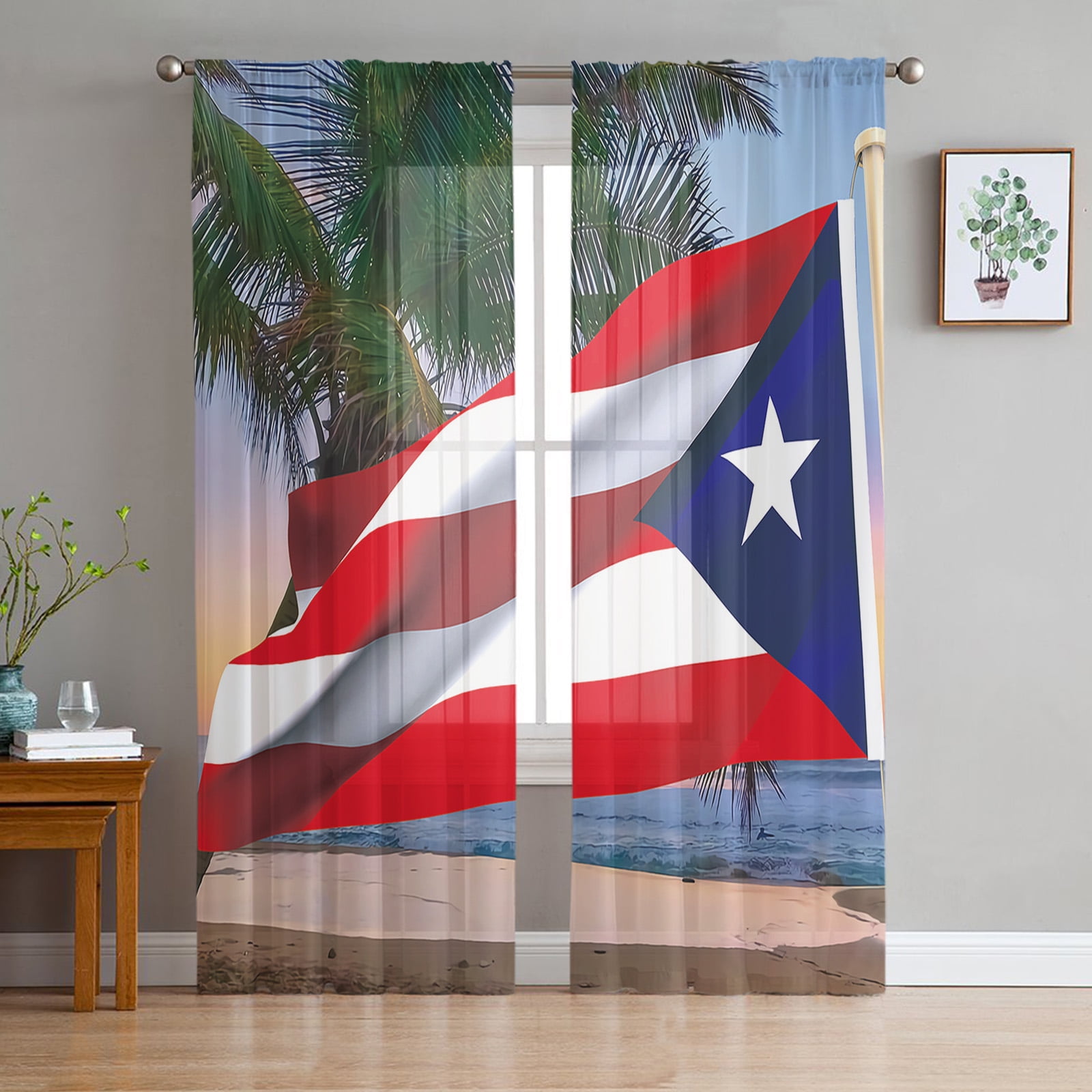 Seaside Beach Coconut Tree Window Sunlight Tulle Curtains for Living ...
