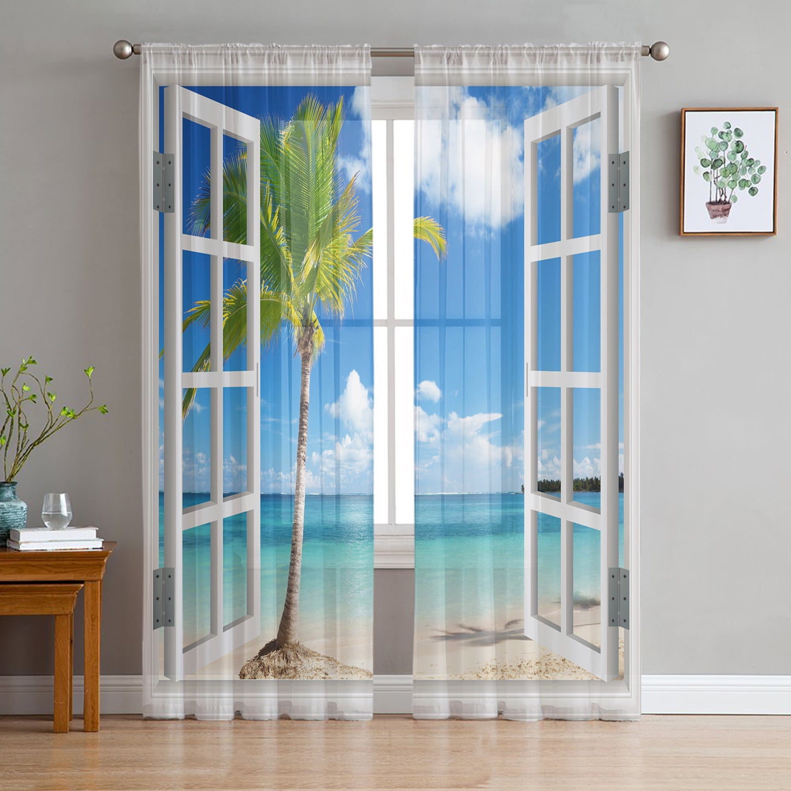 Seaside Beach Coconut Tree Window Sunlight Tulle Curtains for Living ...