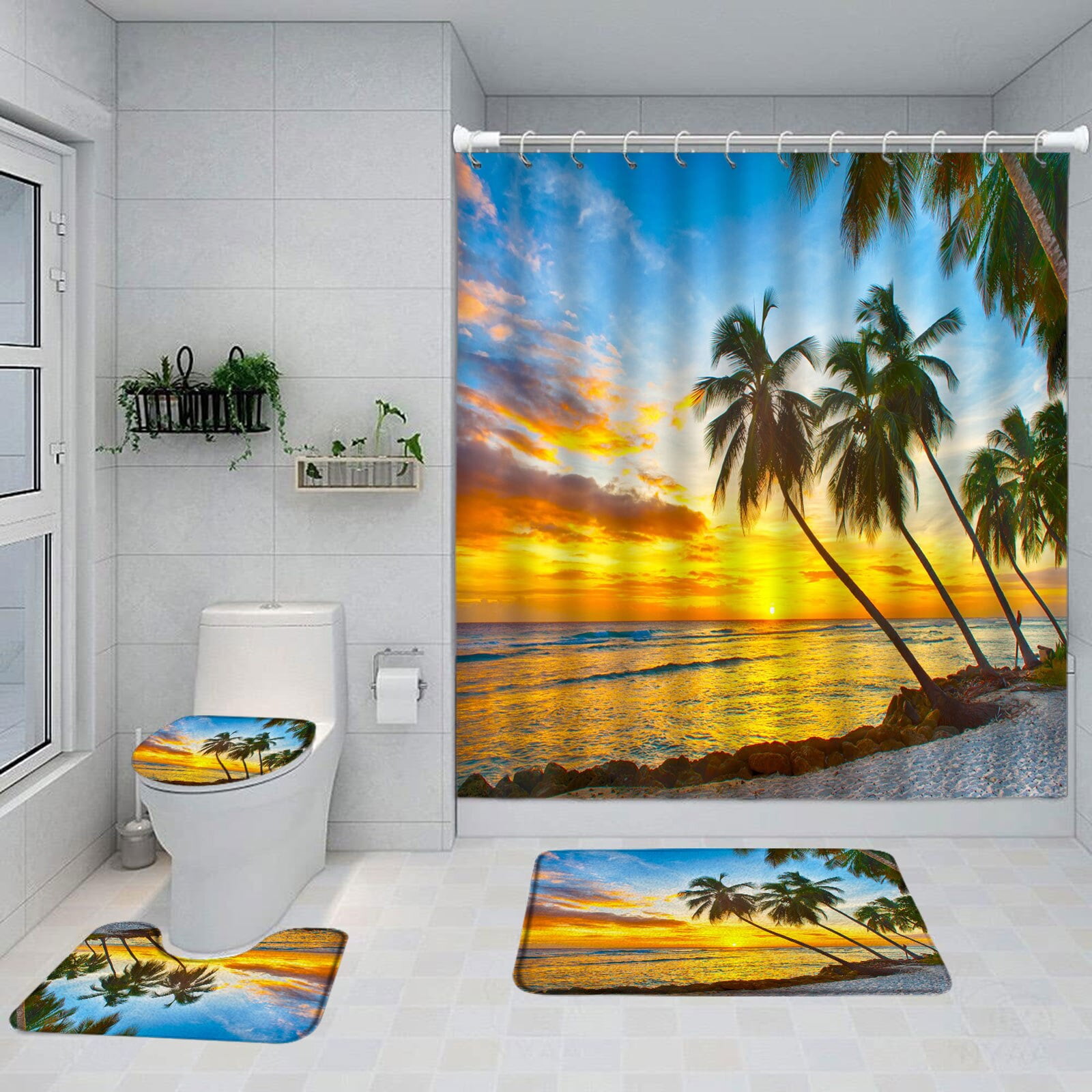 Seaside Beach Ocean Blue Sky Coconut Tree Shower Curtain Tropical Dusk ...