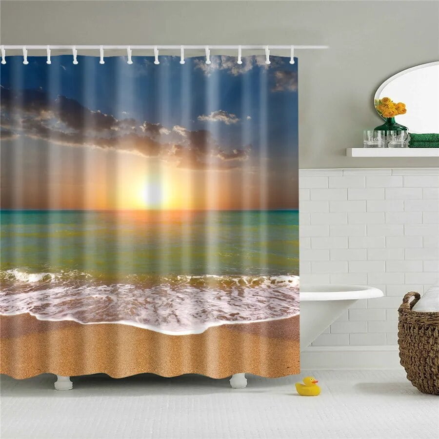 Seaside Beach Shower Curtain Coconut Tree Sunset Sailboat Nature ...