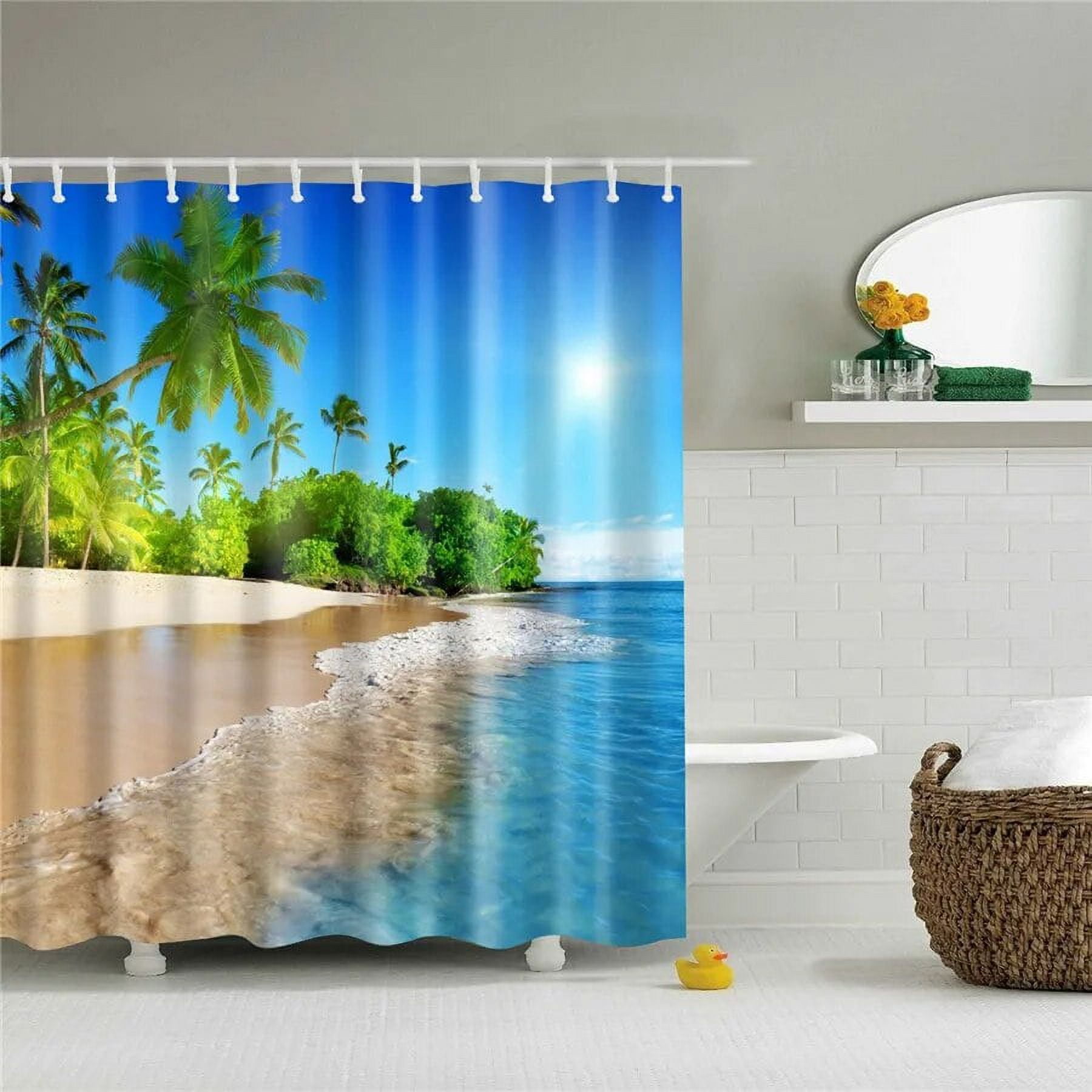 Seaside Beach Shower Curtain Coconut Tree Sunset Sailboat Nature ...
