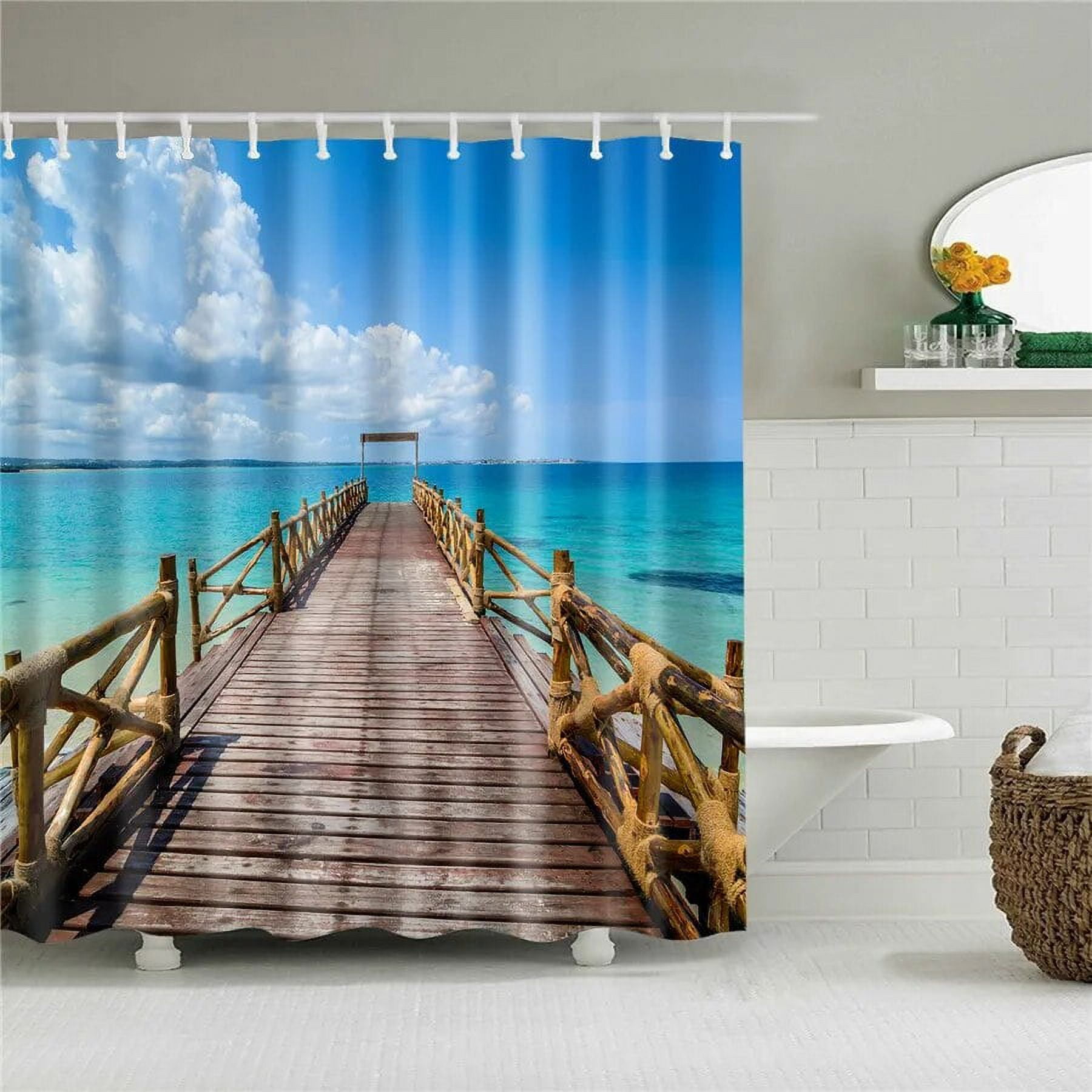 Seaside Beach Shower Curtain Coconut Tree Sunset Sailboat Nature ...