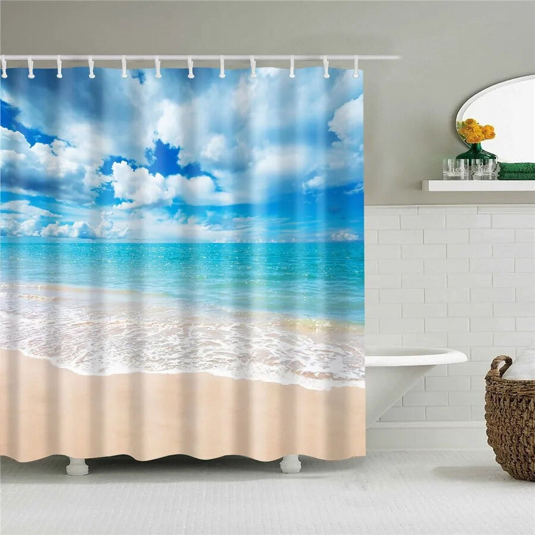 Seaside Beach Shower Curtain Coconut Tree Sunset Sailboat Nature ...