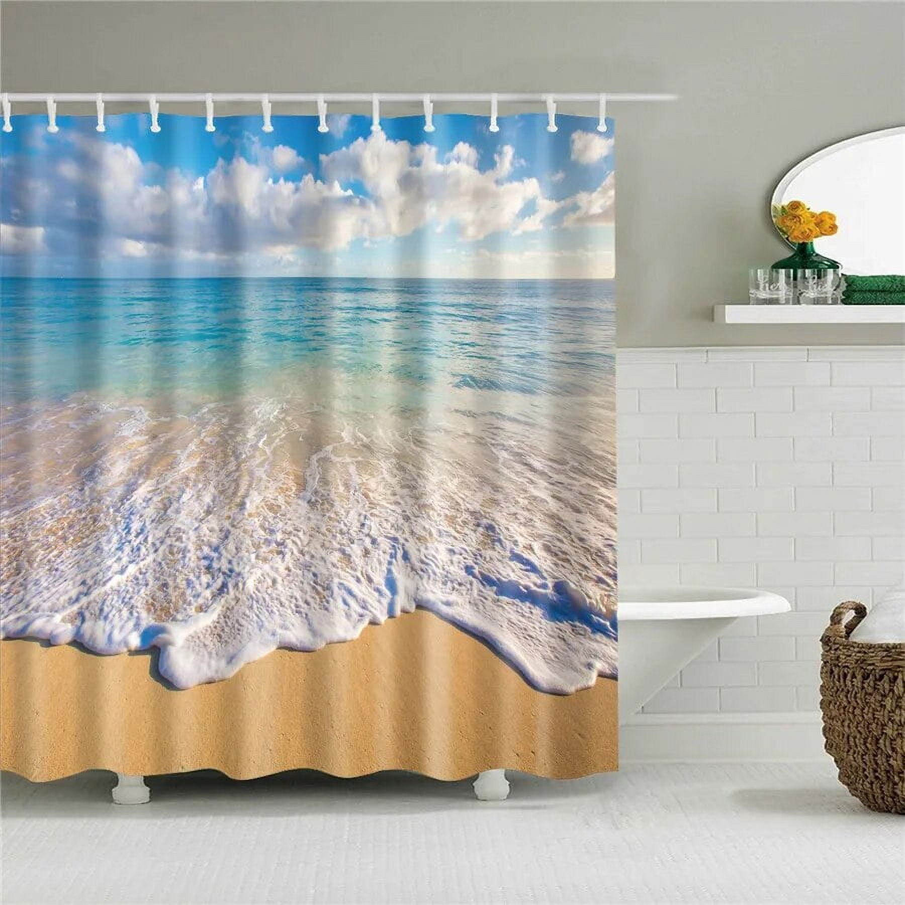 Seaside Beach Shower Curtain Coconut Tree Sunset Sailboat Nature ...