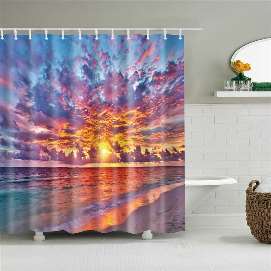 Seaside Beach Shower Curtain Coconut Tree Sunset Sailboat Nature ...