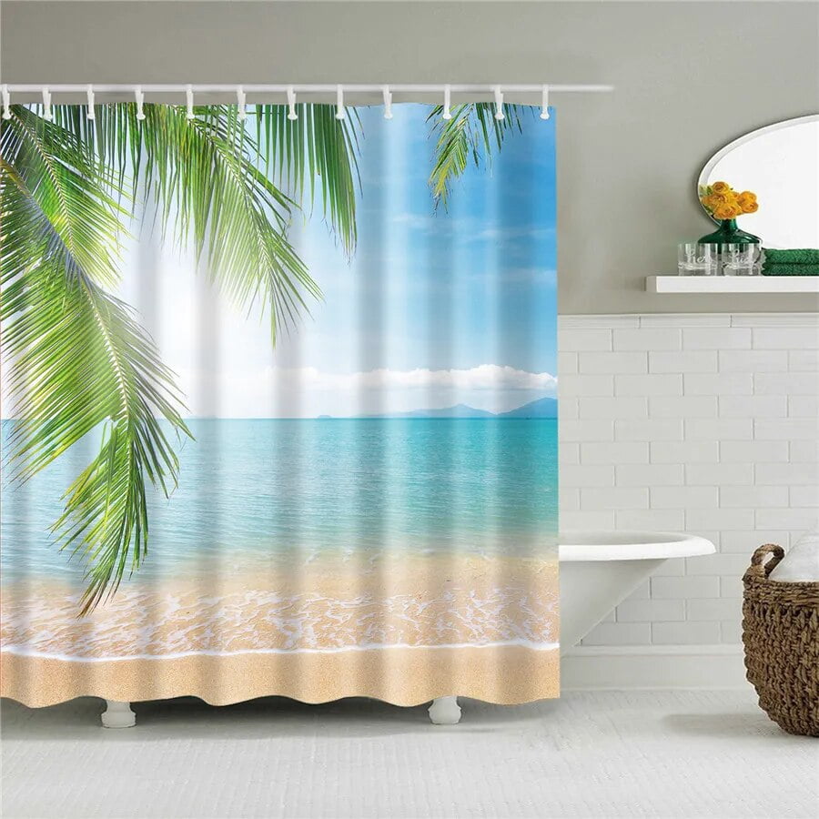 Seaside Beach Shower Curtain Coconut Tree Sunset Sailboat Nature ...