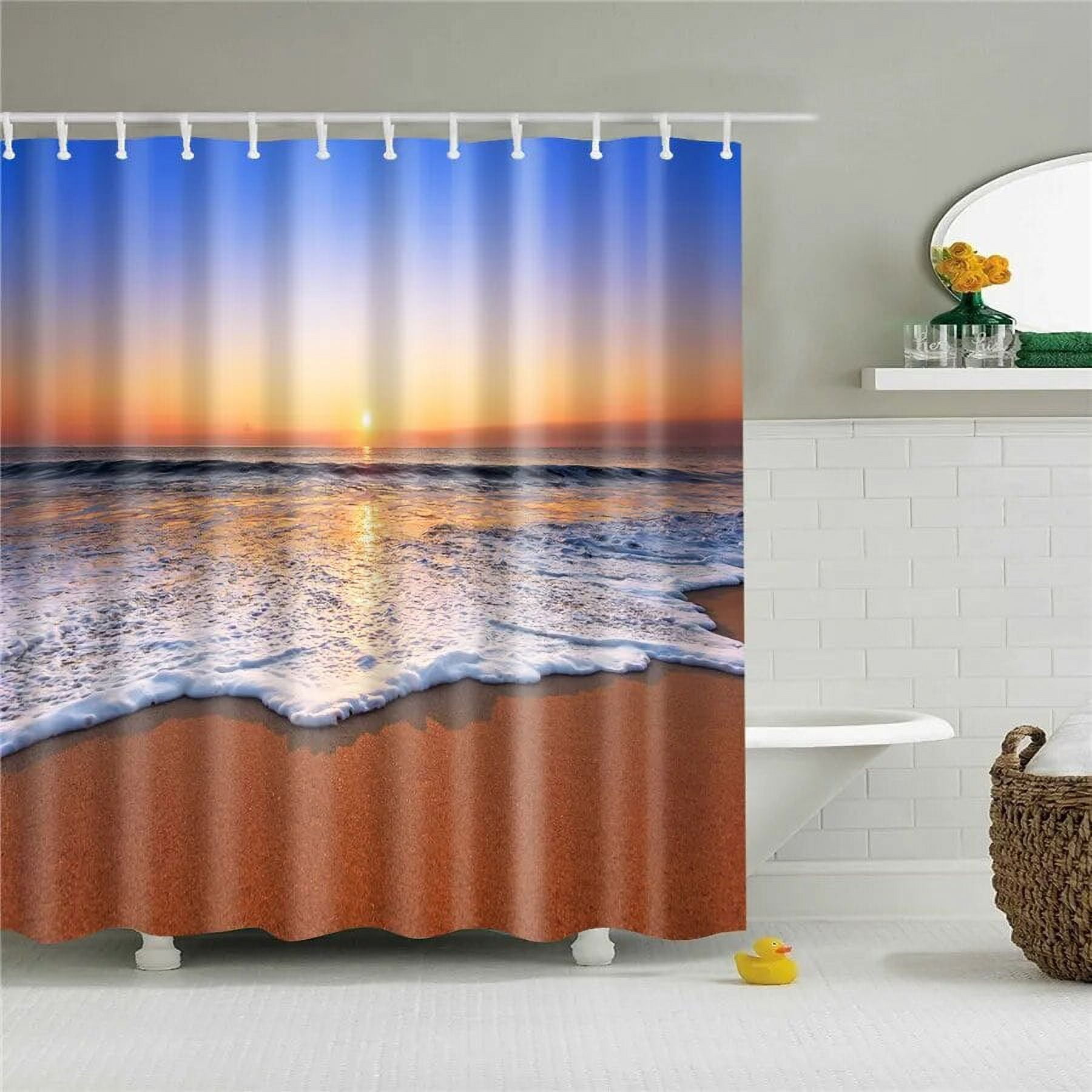 Seaside Beach Shower Curtain Coconut Tree Sunset Sailboat Nature ...