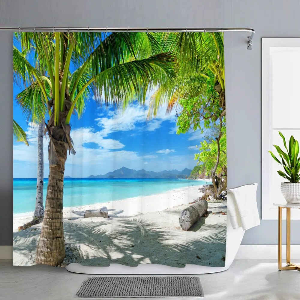 Seaside Beach Shower Curtain Palm Tree Bath Curtains White Window ...
