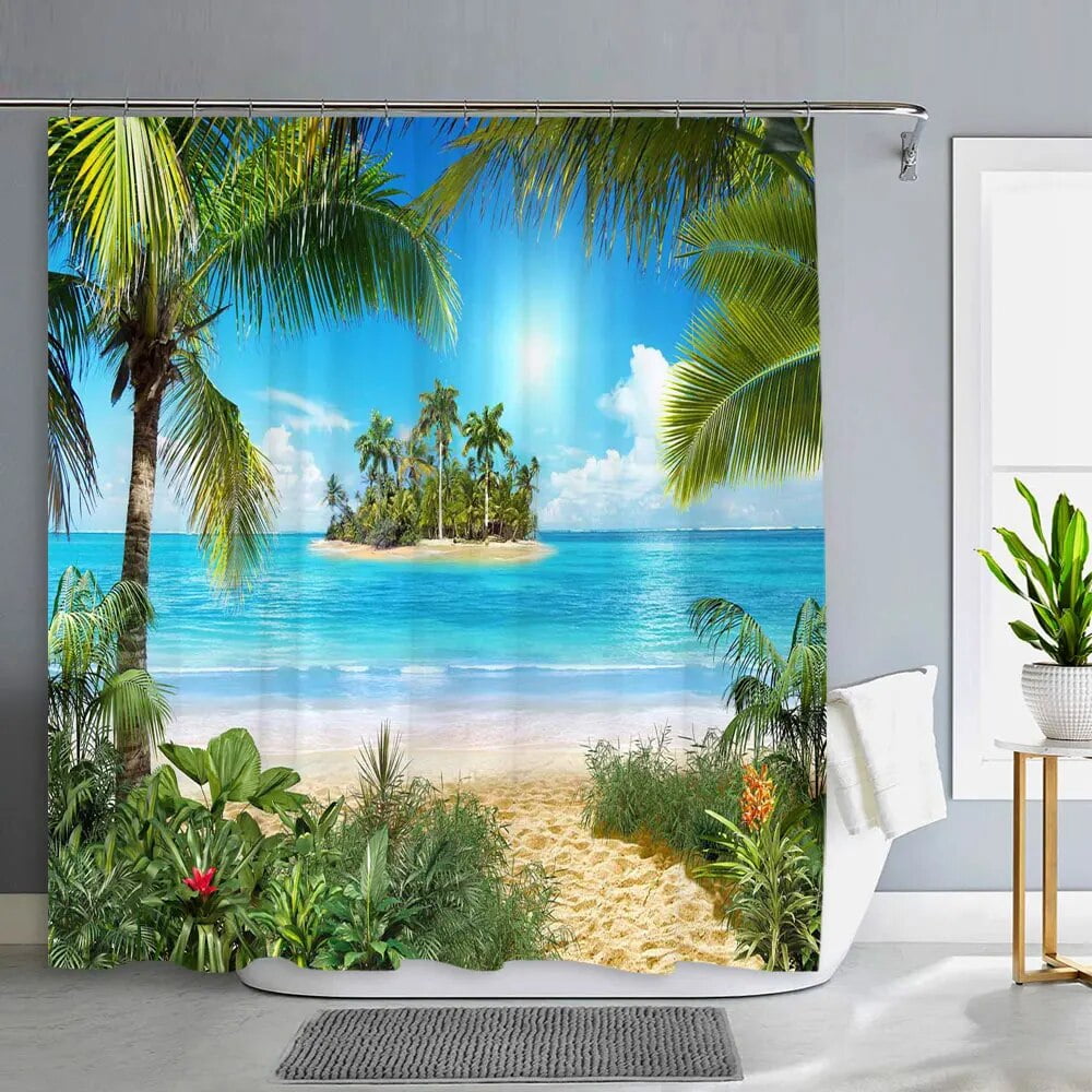 Seaside Beach Shower Curtain Palm Tree Bath Curtains White Window ...