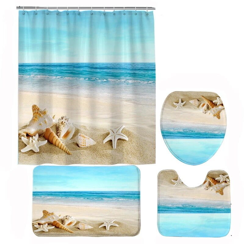 Seaside Beach Shower Curtain Sets Palm Tree Ocean Waves Bathroom ...