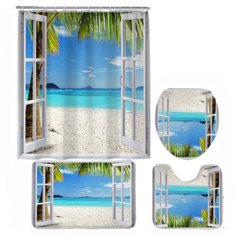 Seaside Beach Shower Curtain Sets Palm Tree Ocean Waves Bathroom ...