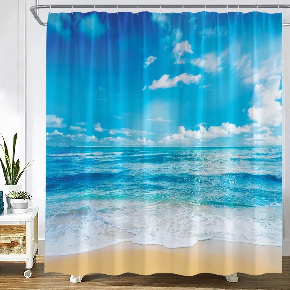 Seaside Beach Shower Curtains Tropical Palm Trees Plant Ocean Hawaii ...