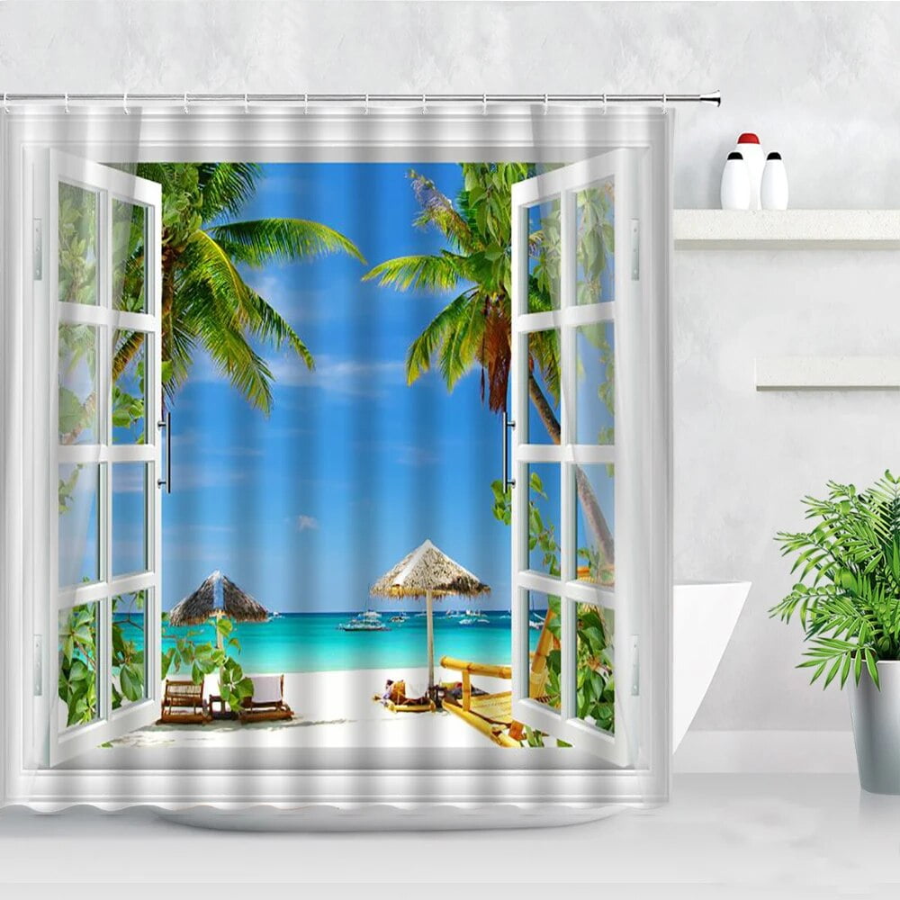 Seaside Beach Shower Curtains Tropical Palm Trees Plant Ocean Hawaii ...
