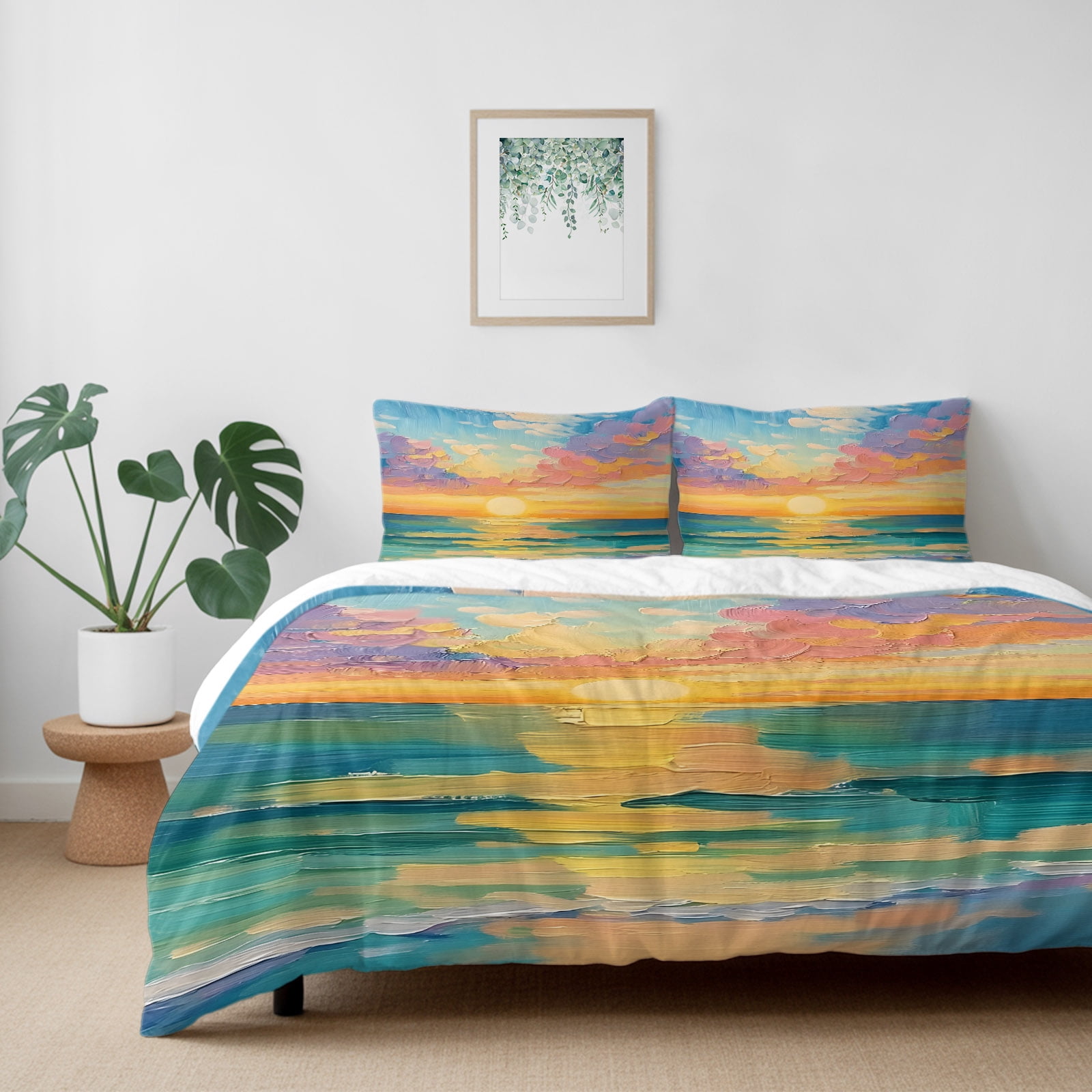 Seaside Beach Sunset Impressionist Style California King Size Bed Set ...