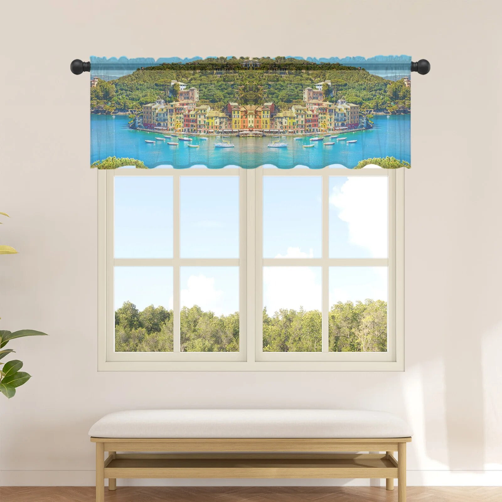 Seaside Building Vessel Short Tulle Curtain Kitchen Small Curtain Sheer ...