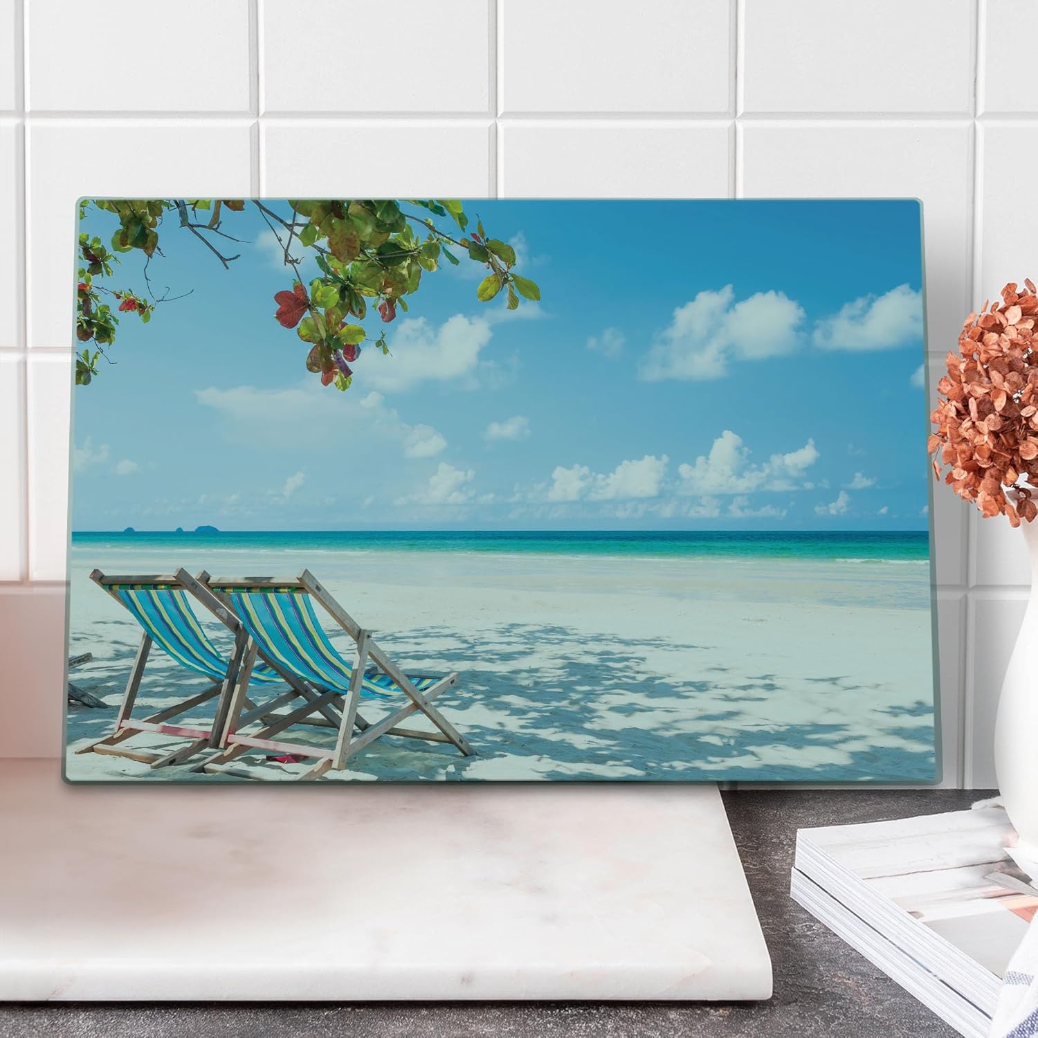 Seaside Cutting Board, Beach Chairs Under Tree Shade Tourist Resort ...