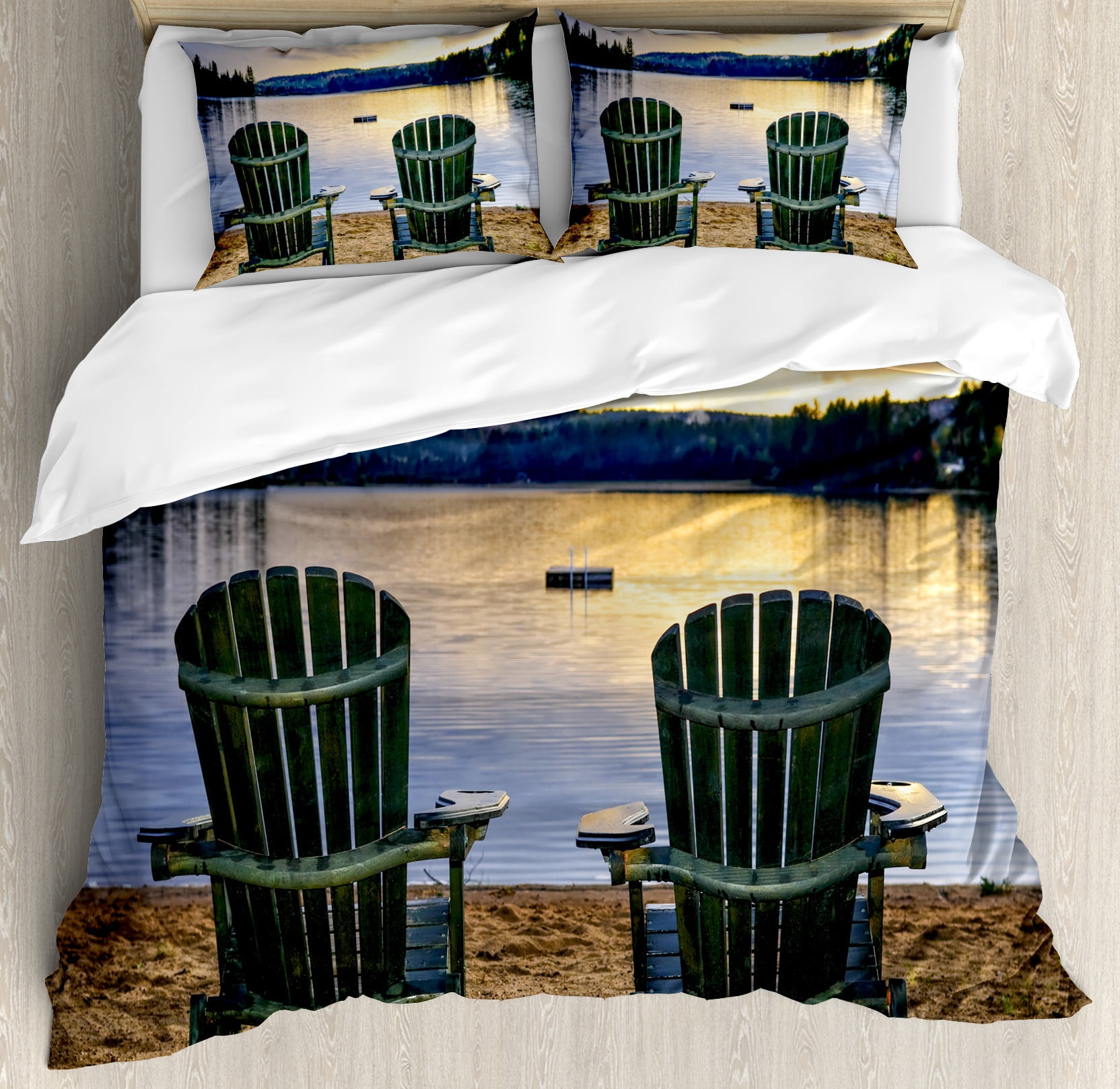 Seaside Duvet Cover Set, 2 Wooden Chairs on Relaxing Lakeside at Sunset ...