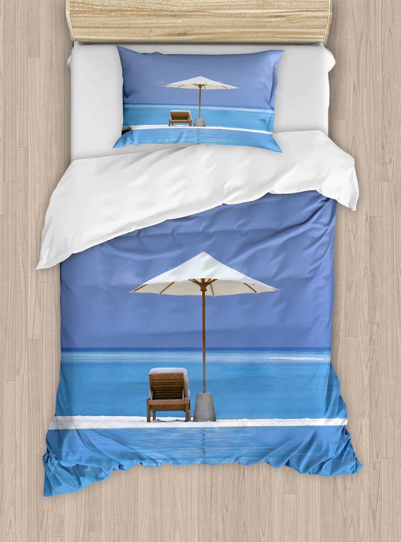 Seaside Duvet Cover Set, Beach Chairs and Umbrella on a Island in the ...