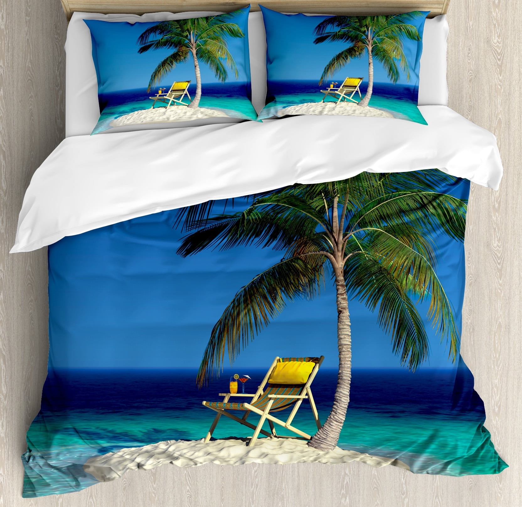 Seaside Duvet Cover Set, Chair Under a Palm Tree on a Small Uninhabited ...