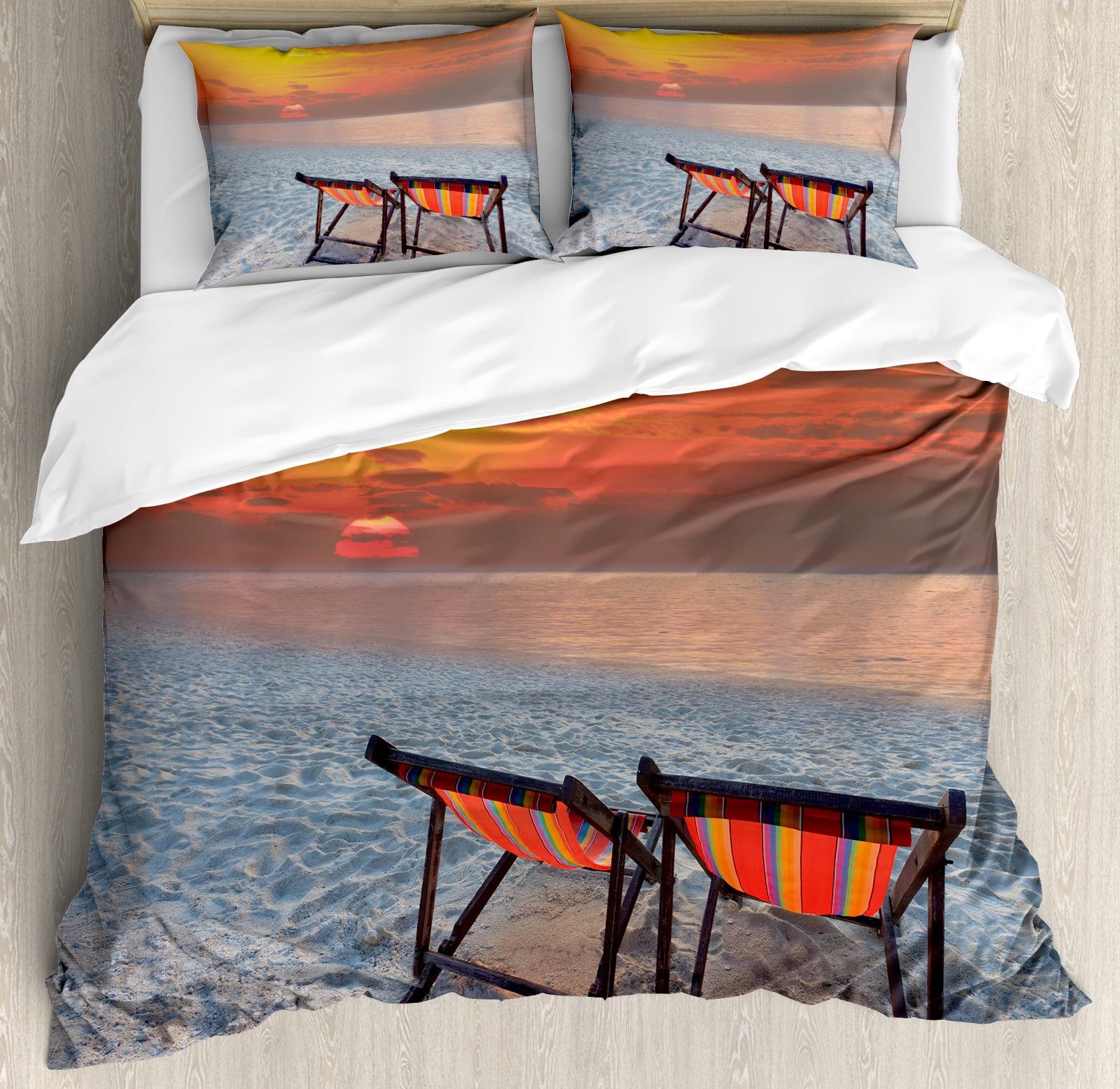 Seaside Duvet Cover Set, Couples Chairs on Sandy Beach Colorful Sky ...
