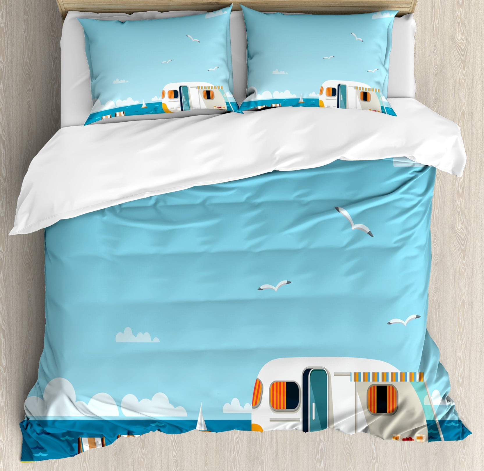 Seaside Duvet Cover Set, Illustration of Summertime Caravan Coastline ...