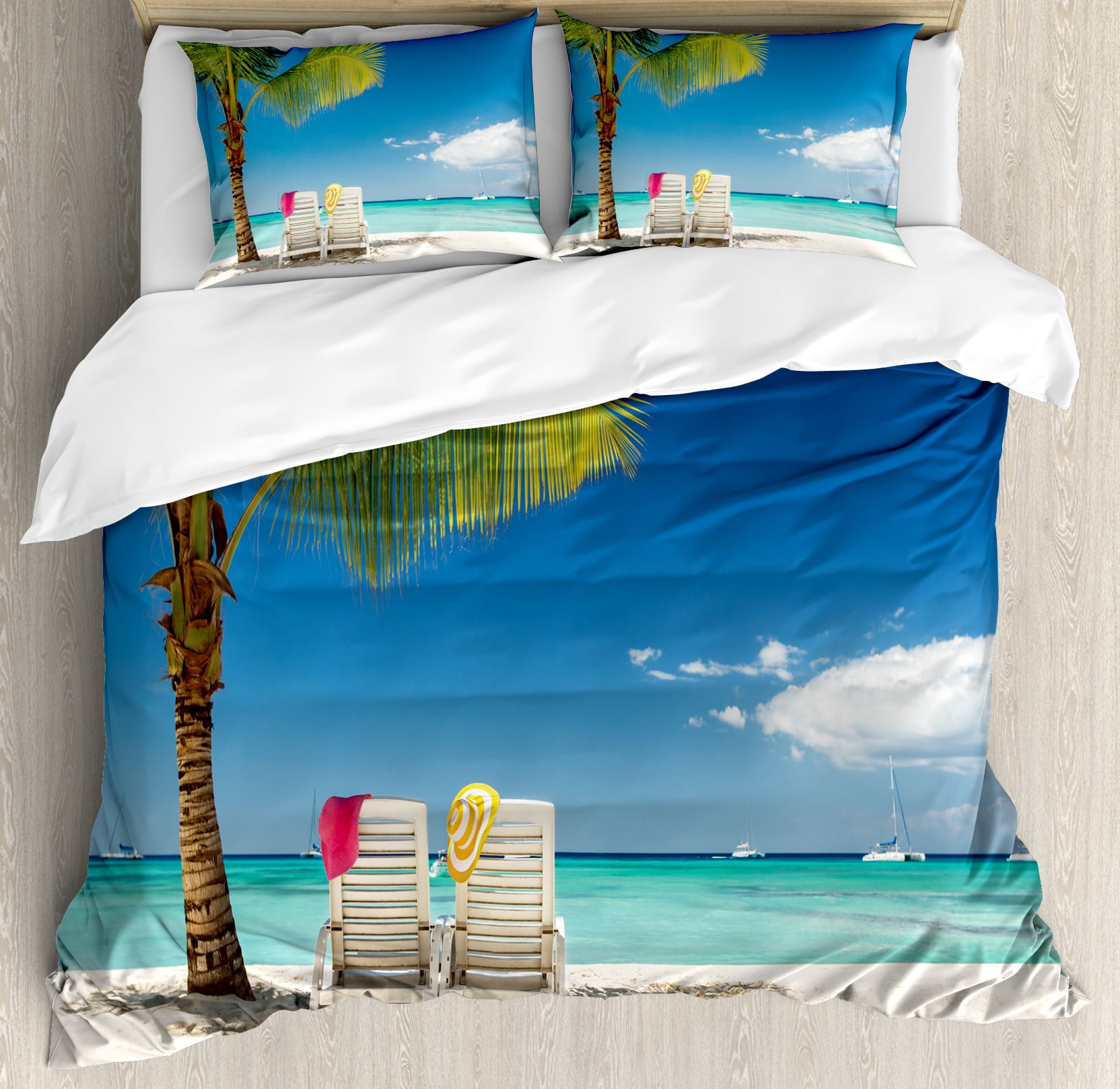 Seaside Duvet Cover Sets, Relaxing Scene on Vacation Beach Palm Tree ...