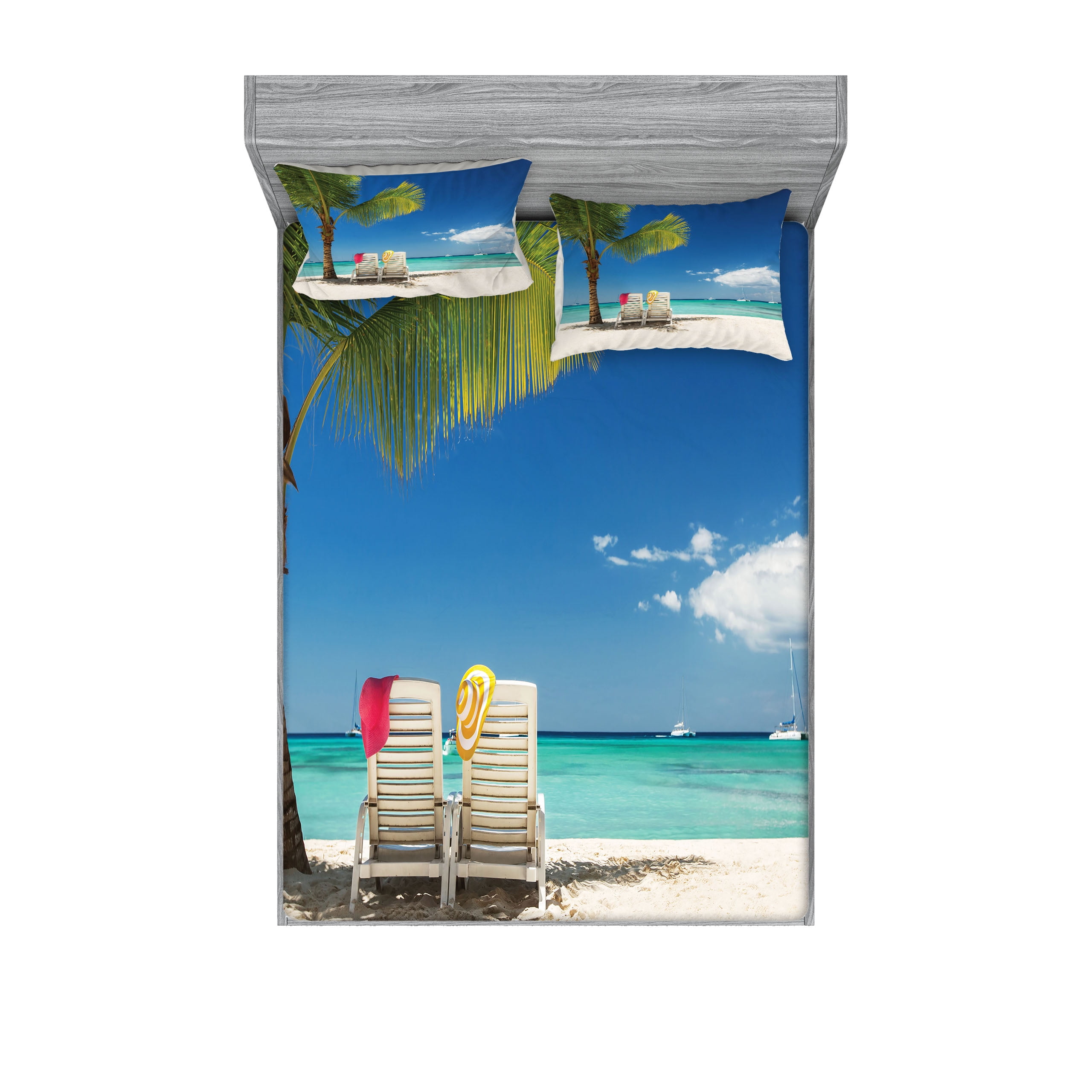 Seaside Fitted Sheet & Pillow Sham Set, Relaxing Scene on Vacation ...