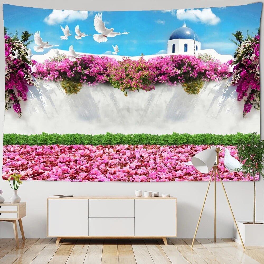 Seaside Flower Scery Tapestry Wall Hanging Mediterranean House ...