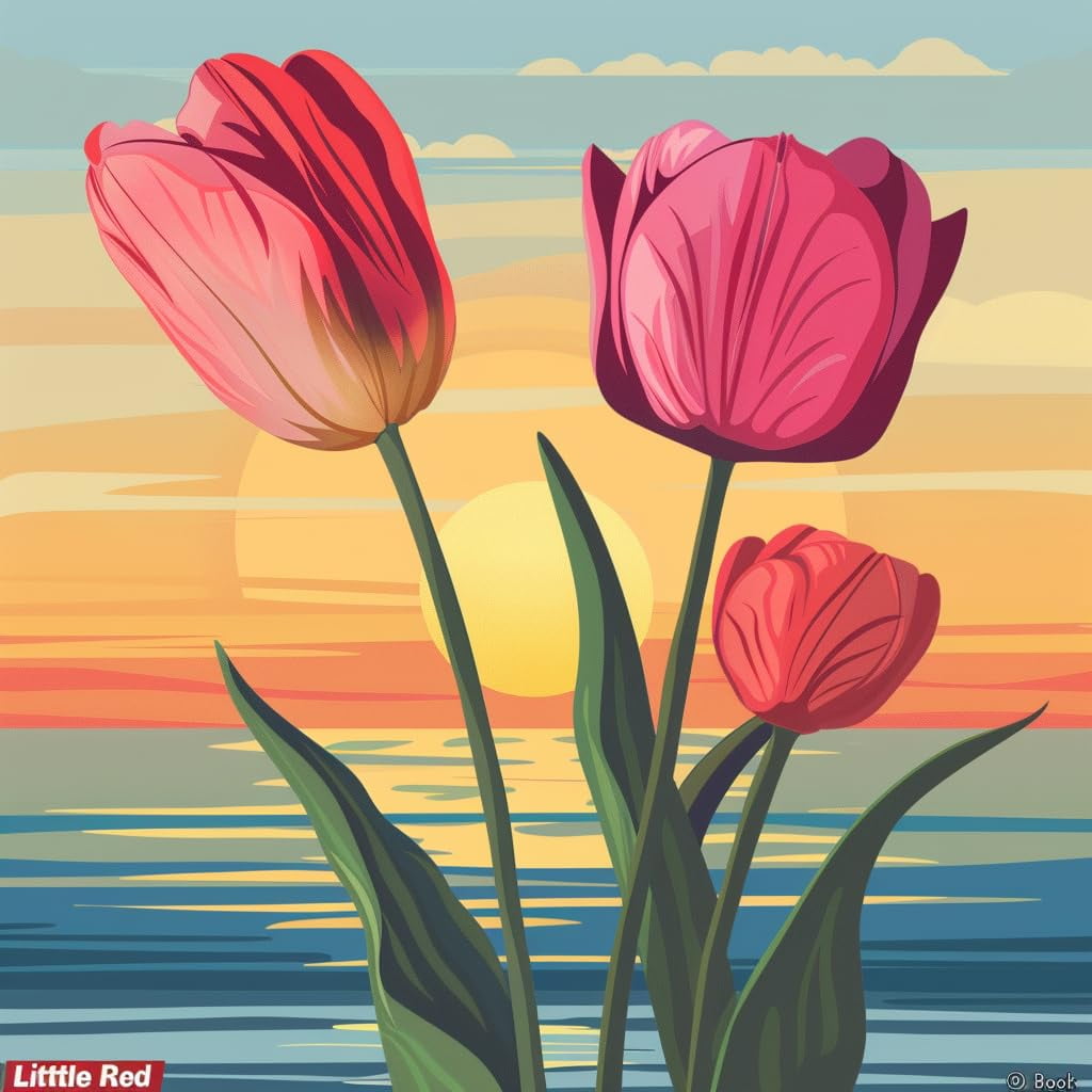 Seaside Flower Tulips Sunset 5D Diamond Art Painting by Number Kits for Adults DIY Paint with ...