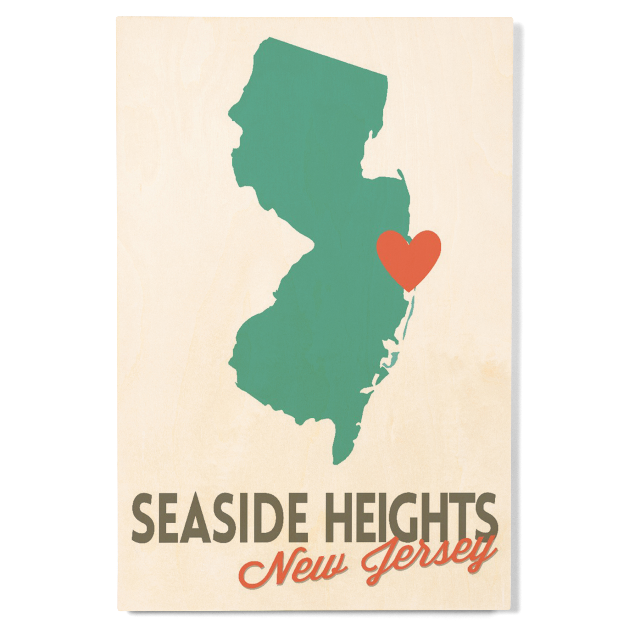 Seaside Heights, New Jersey, State Outline and Heart Birch Wood Wall ...